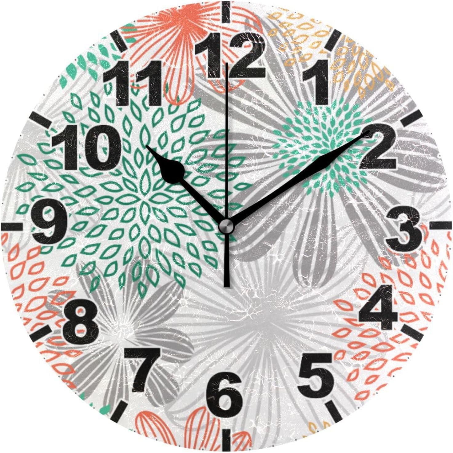 Hand Drawn Color Floral Texture Round Wall Clock, Battery Operated ...