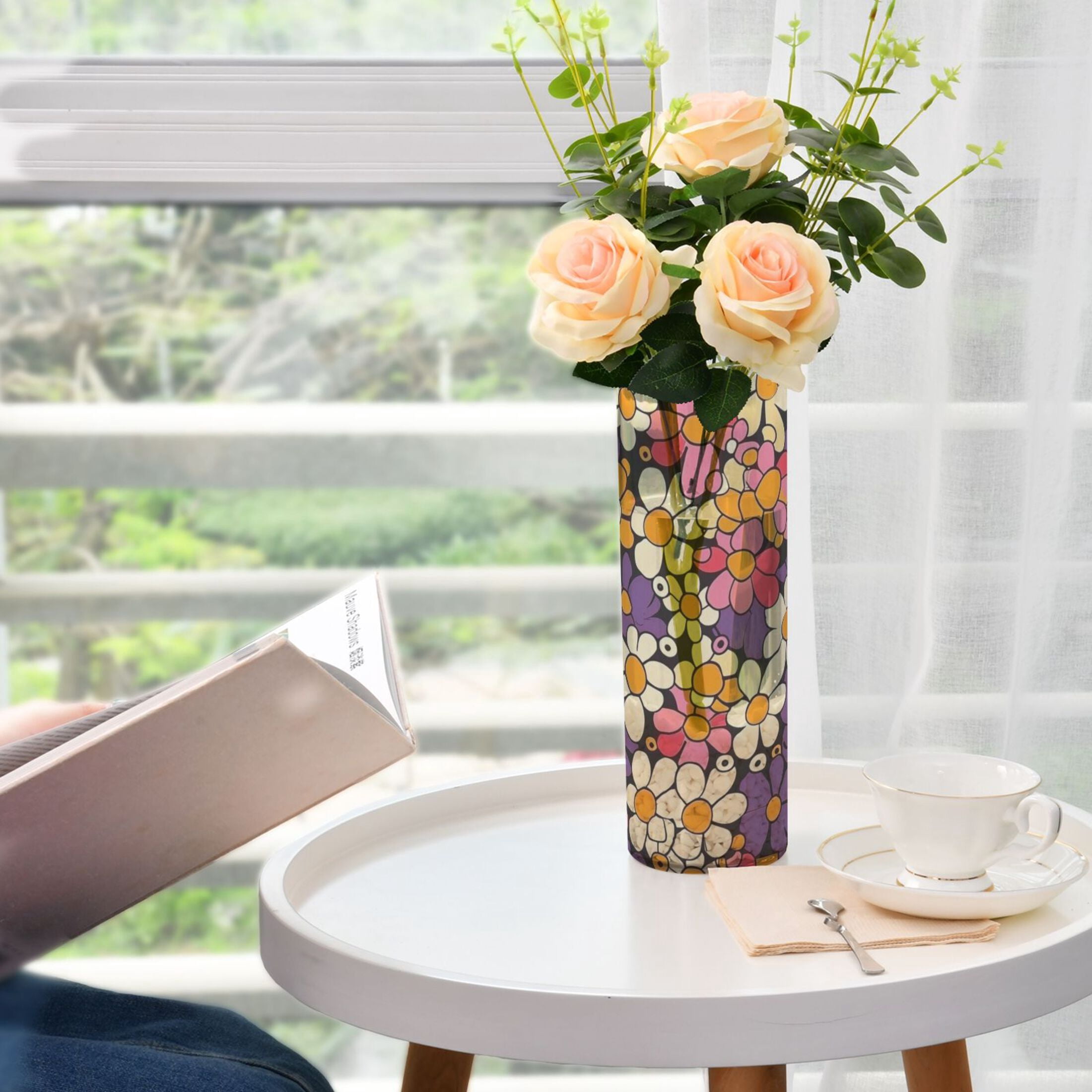 Hand Drawn Colorful Daisies Flower Vase 11.8x3.9 inch Vases Clear Non ...
