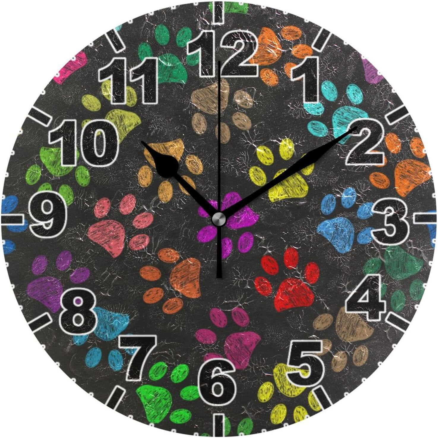 Hand Drawn Colorful Paw Prints Round Wall Clock, Battery Operated ...