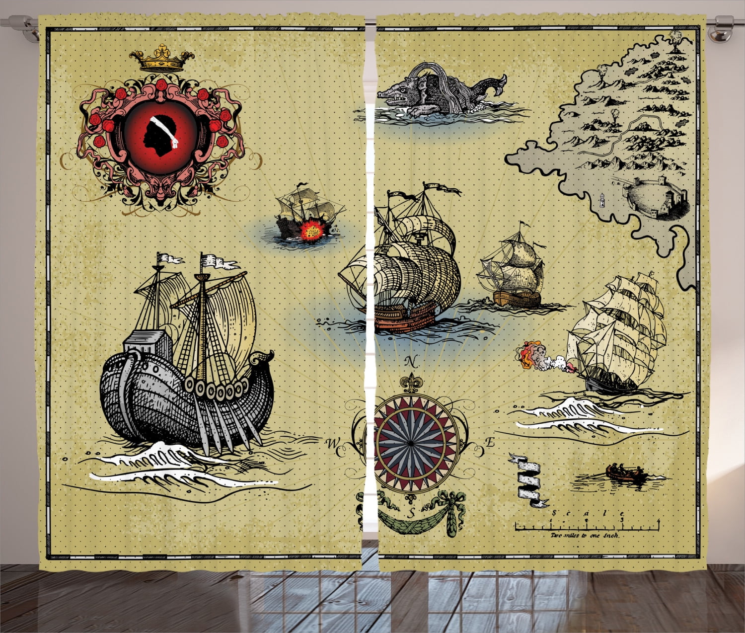 Ambesonne Hand Drawn Curtains 2 Panel Set, Antique Map Pirate, 108" x ...