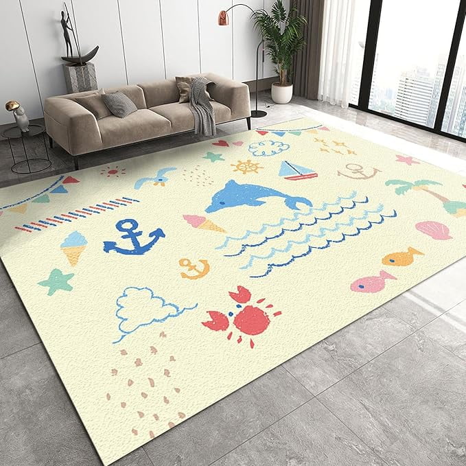 Hand Drawn Cute Cartoon Whale Area Carpet, Sailing Fish Crab Clouds ...