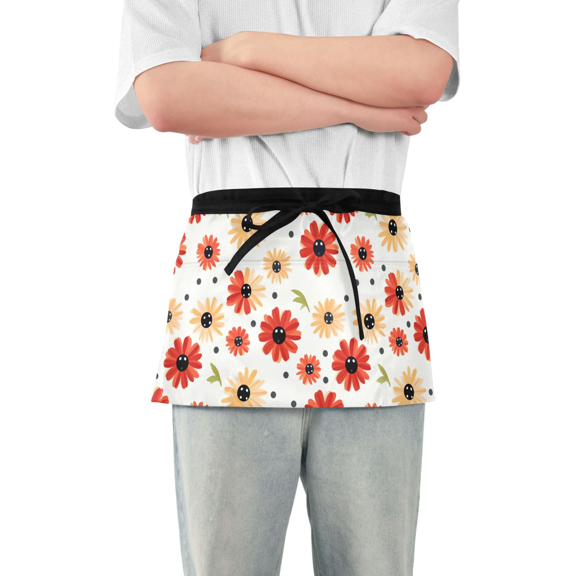 Hand Drawn Cute Flowers Server Apron with 3 Pockets Waterproof Waitress ...