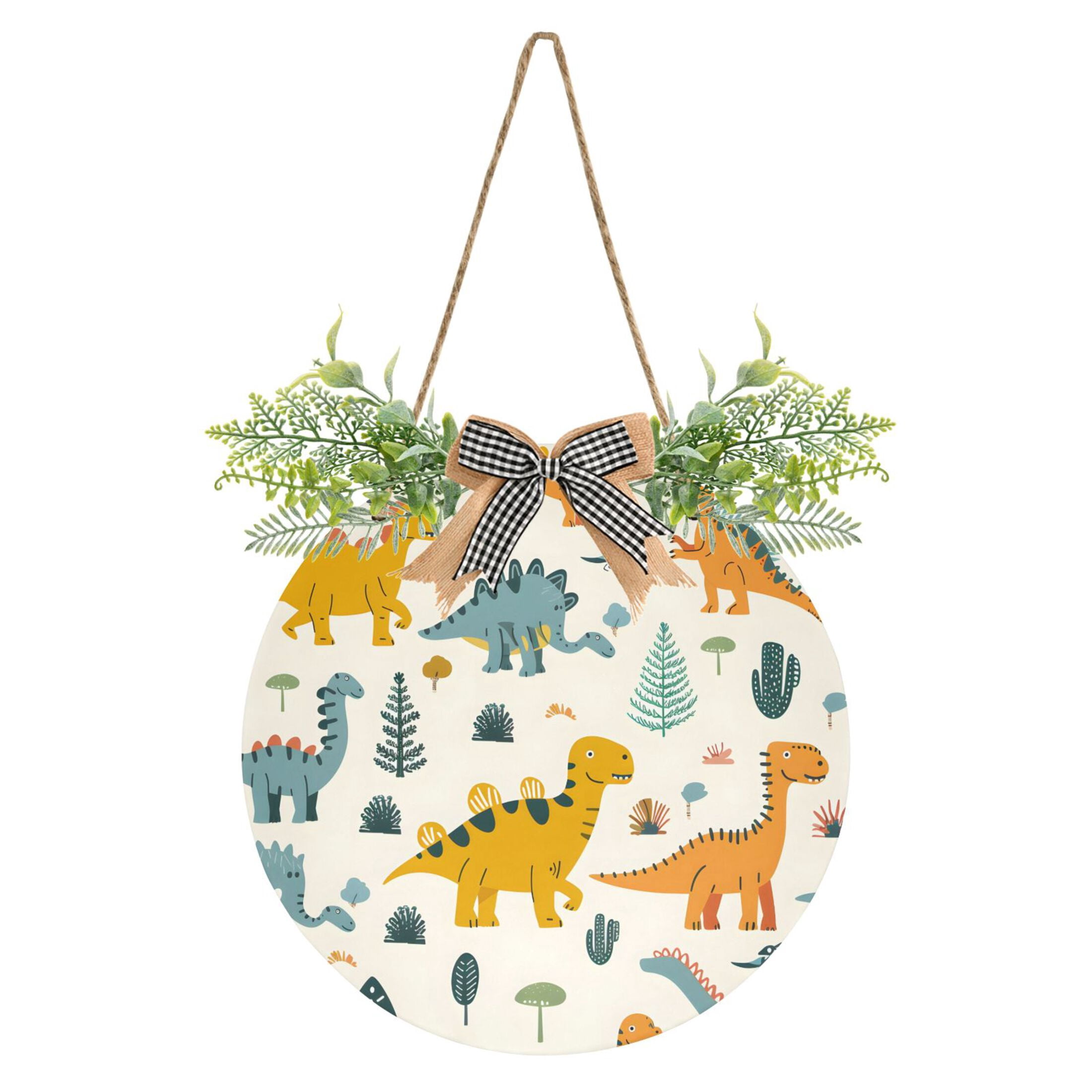 Hand Drawn Dinosaurs Leaf Welcome Front Door Sign Round 12 inch Porch ...