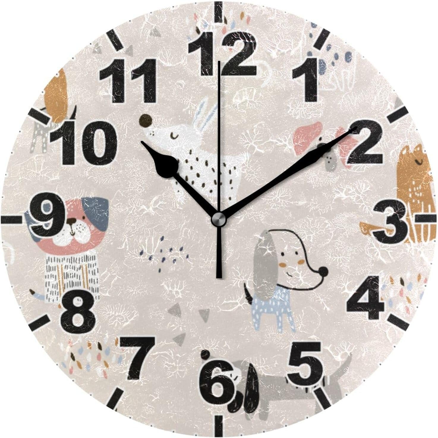 Hand Drawn Dogs Round Wall Clock, Battery Operated Silent Non Ticking Desk Clock for Home ...