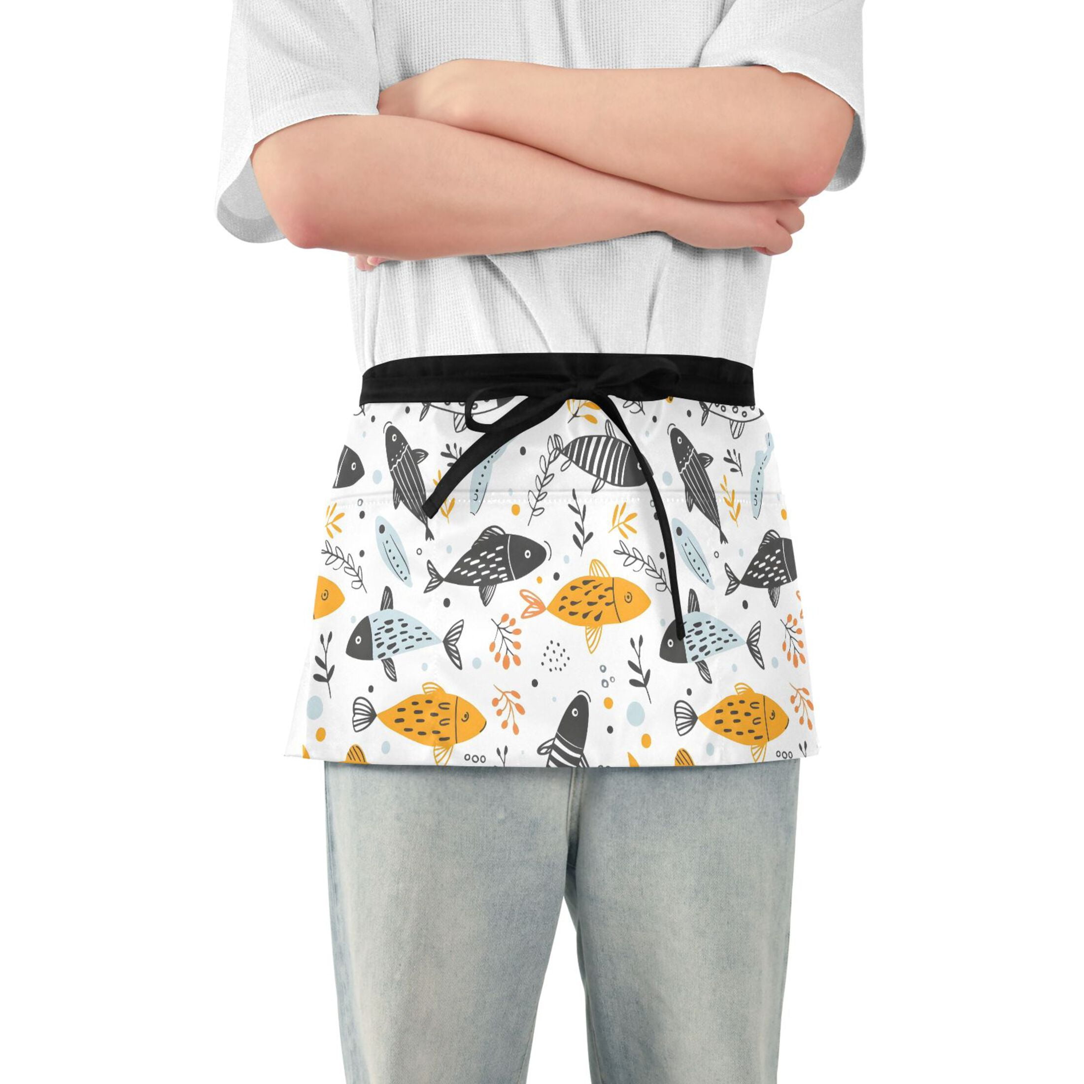 Hand Drawn Doodle Fish Server Apron with 3 Pockets Waterproof Waitress ...