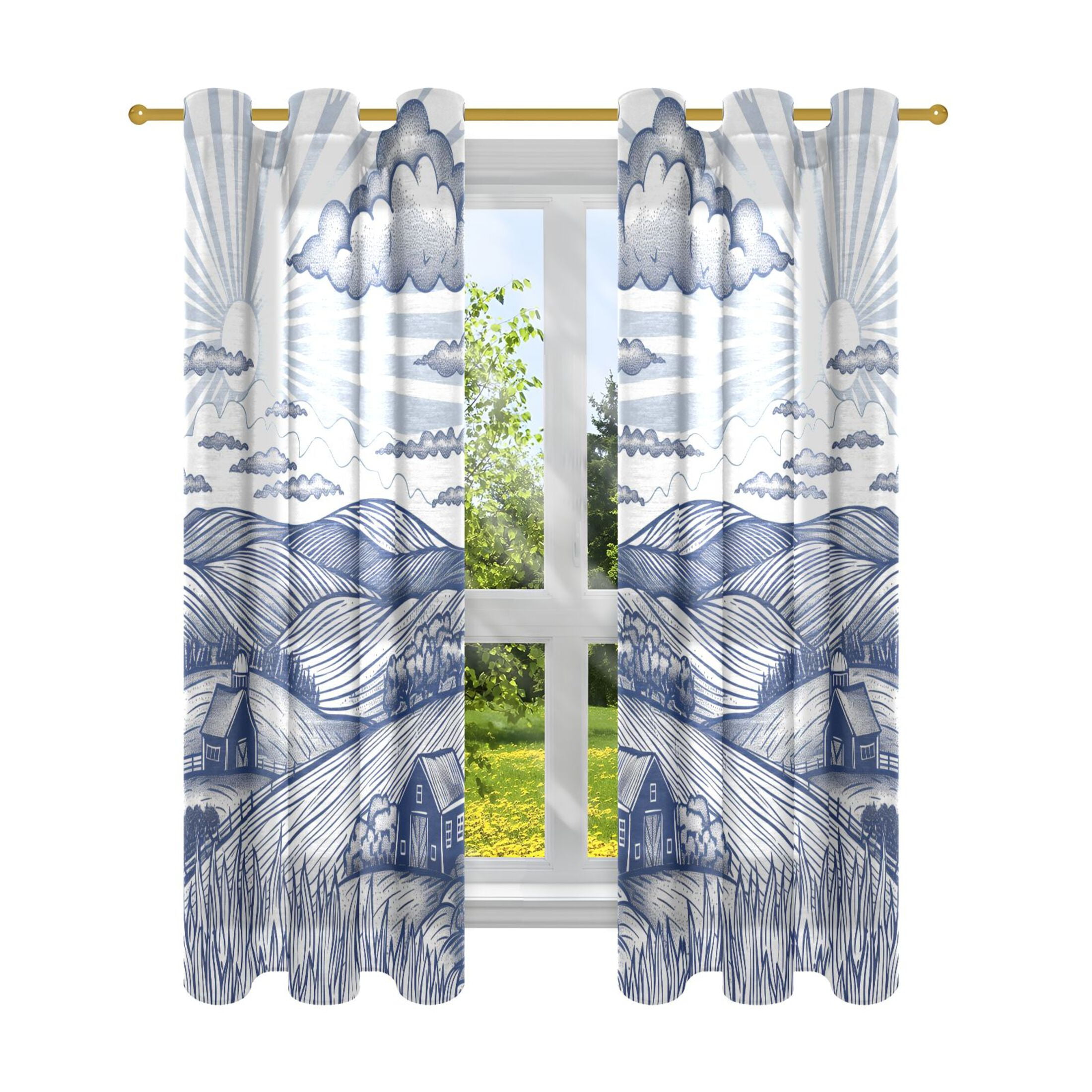 Hand Drawn Farm House Sheer Curtains Grommet Drapes Light Filtering for ...