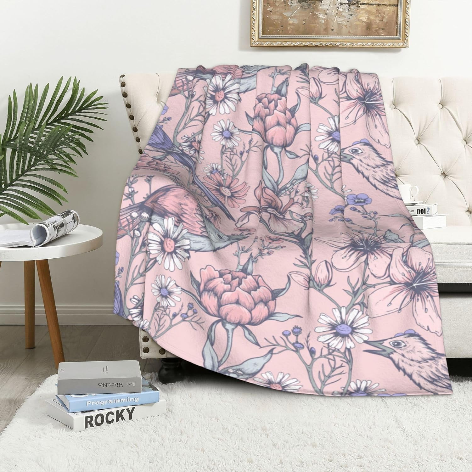 Hand Drawn Flowers Birds Blanket for Couch Bed Throw Blanket, Aesthetic ...