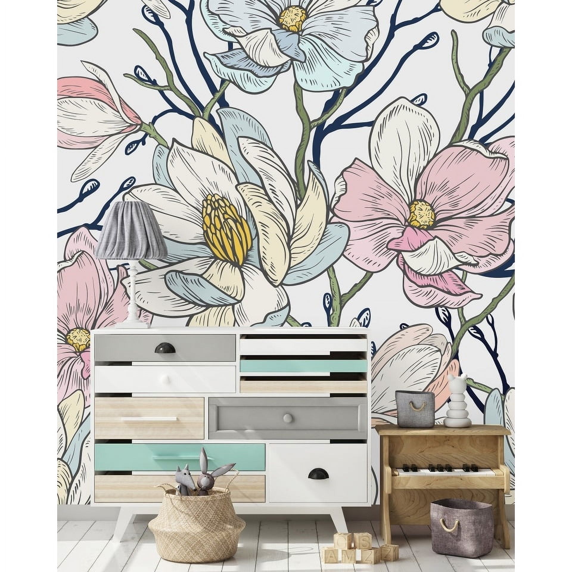 Hand Drawn Flowers Wallpaper Pre-Pasted - 125"W x 125"H - Walmart.com