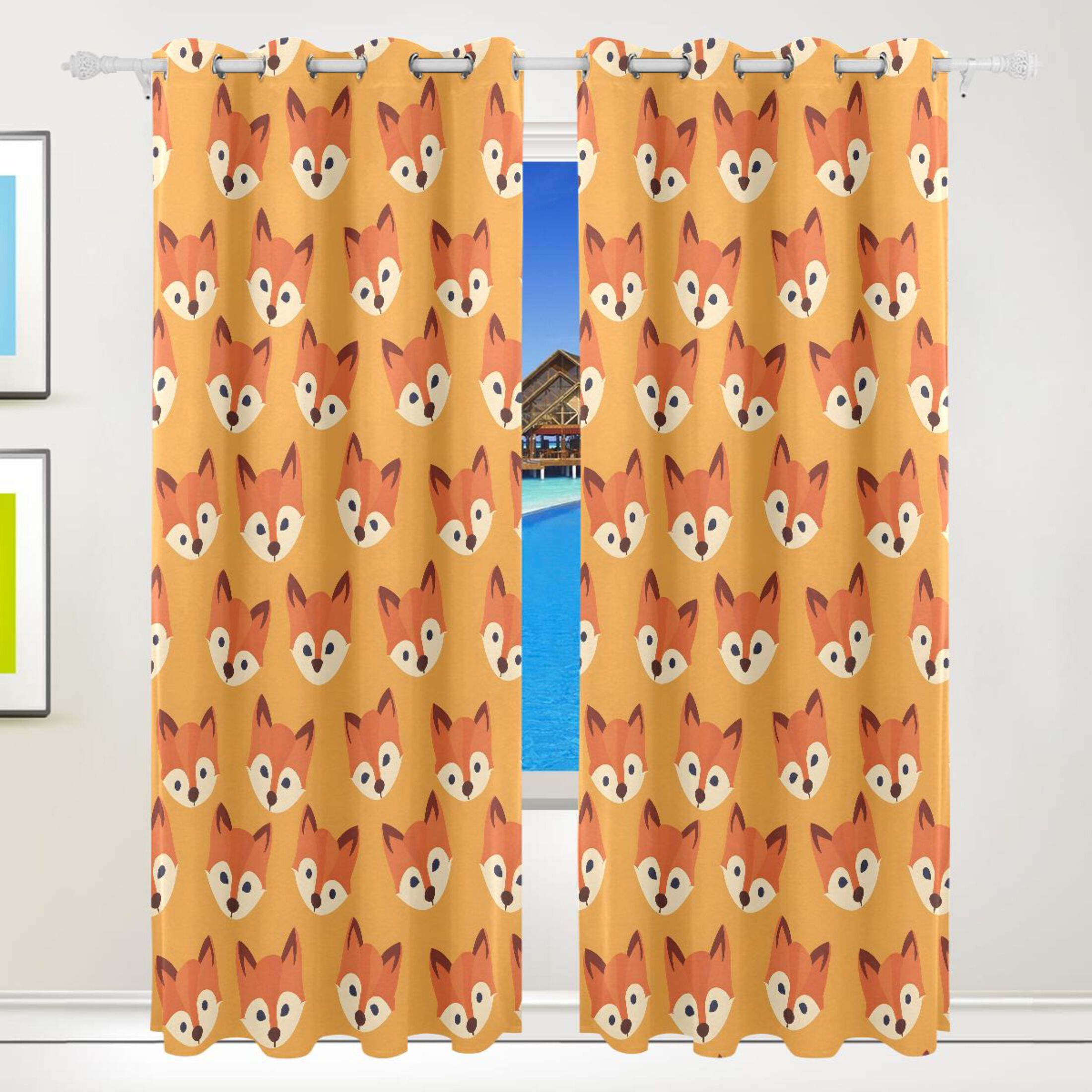 Hand Drawn Fox Face Blackout Curtains 72 inch Length 2 Panels Grommet ...