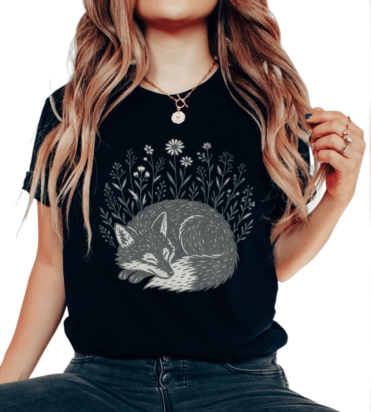 Hand-Drawn Fox & Floral Black S-5XL Women's Cotton Graphic Tees Print ...
