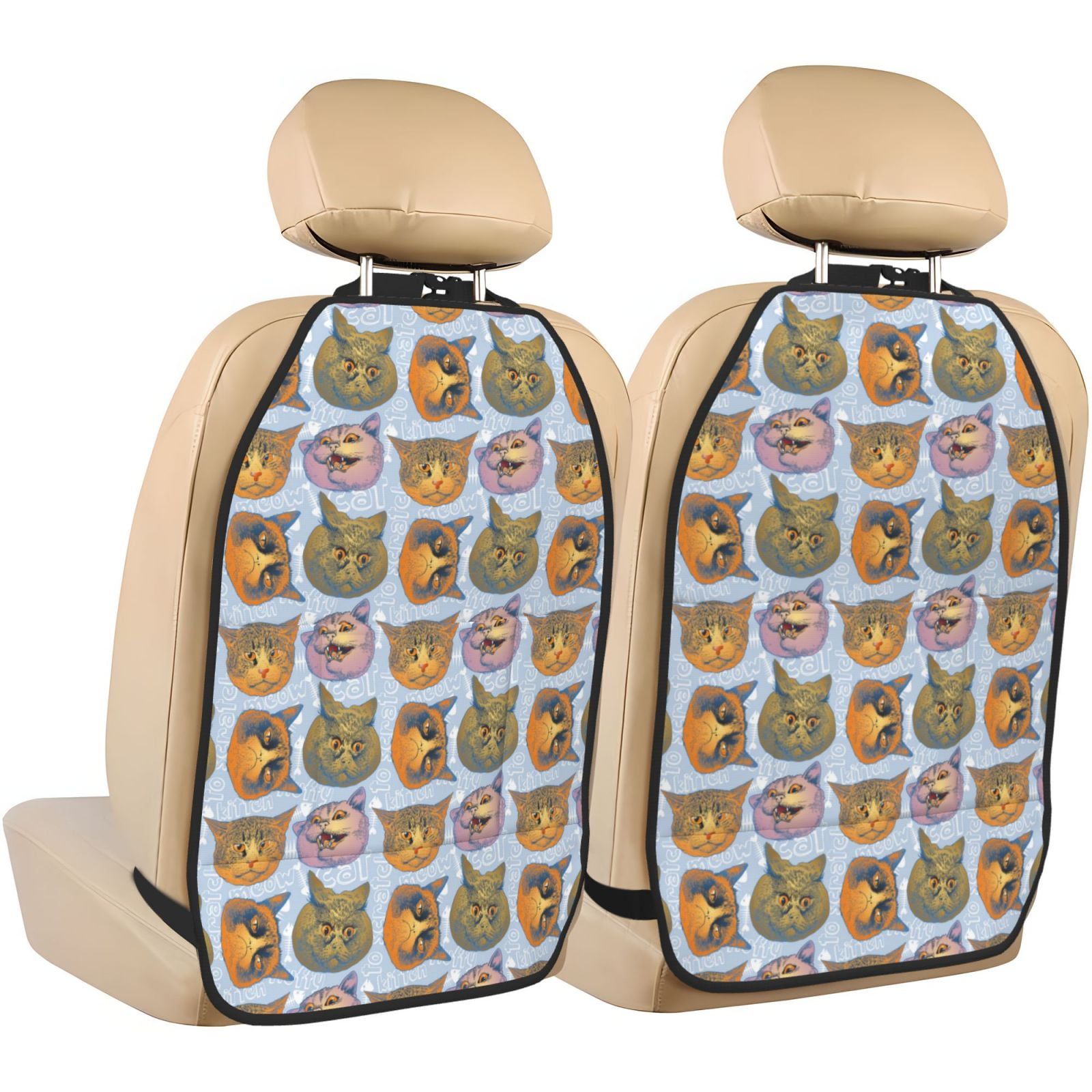 Hand Drawn Funny Cat Face Backseat Car Organizer, 2 Pack Kick Mats Back ...
