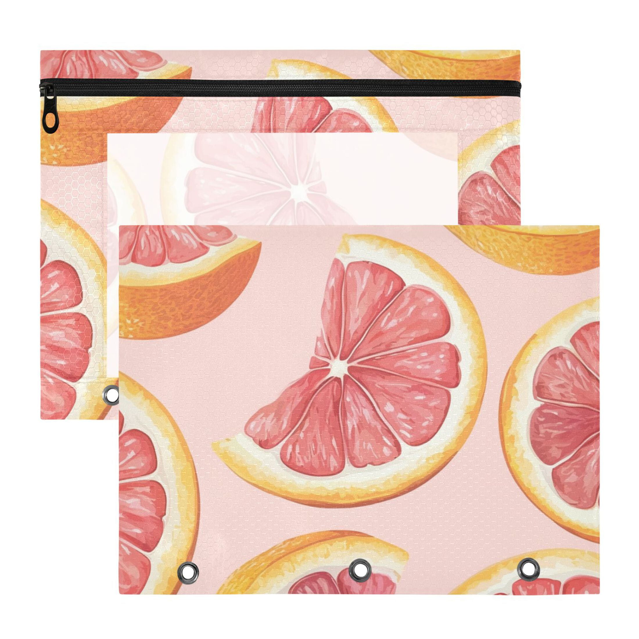 Hand Drawn Grapefruit Slice 3-Ring Binder Pouches A4 Size Zipper Pocket File Storage 2 Packs ...