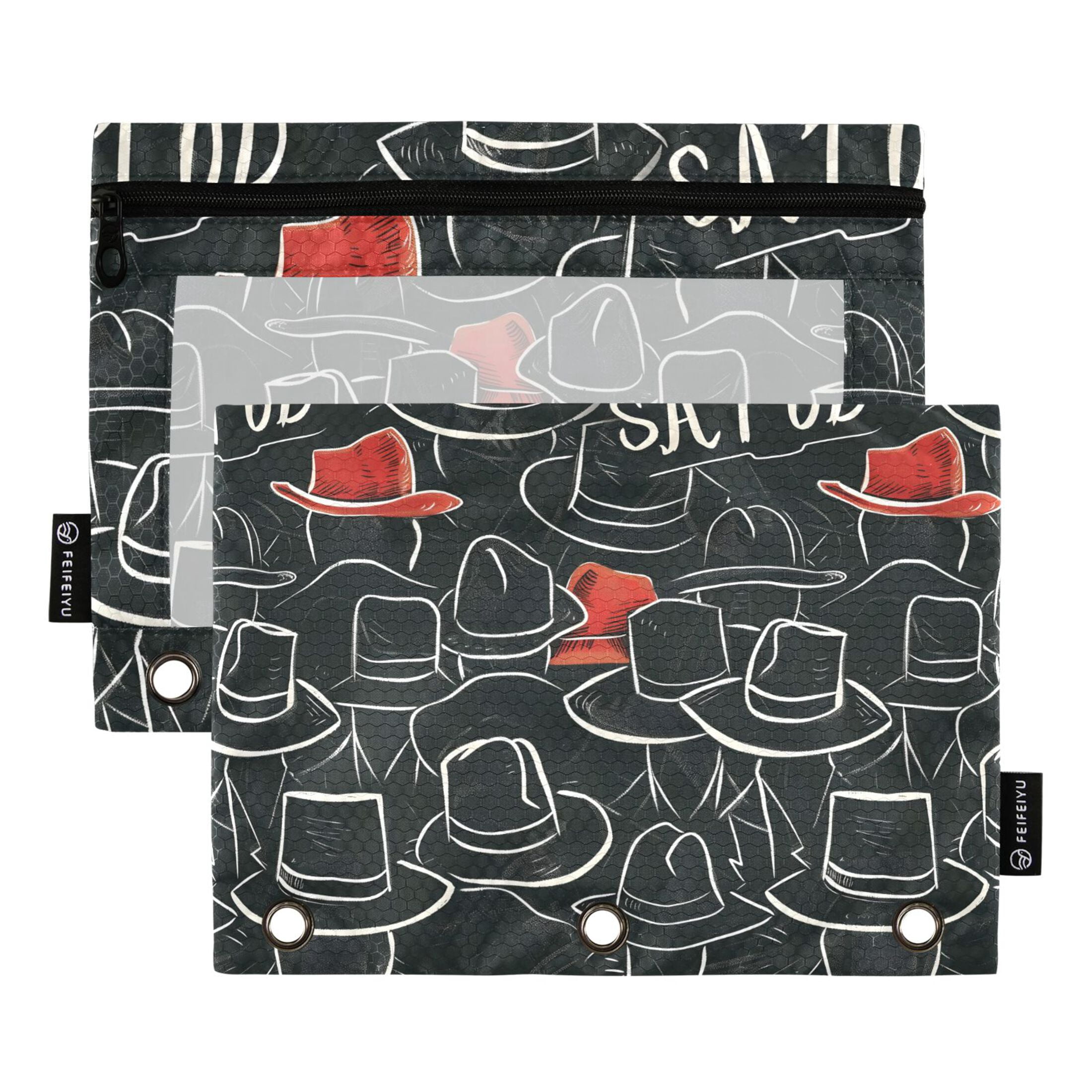 Hand Drawn Hats 2 Pack Pencil Pouch for 3 Ring Binder Smooth Zipper ...