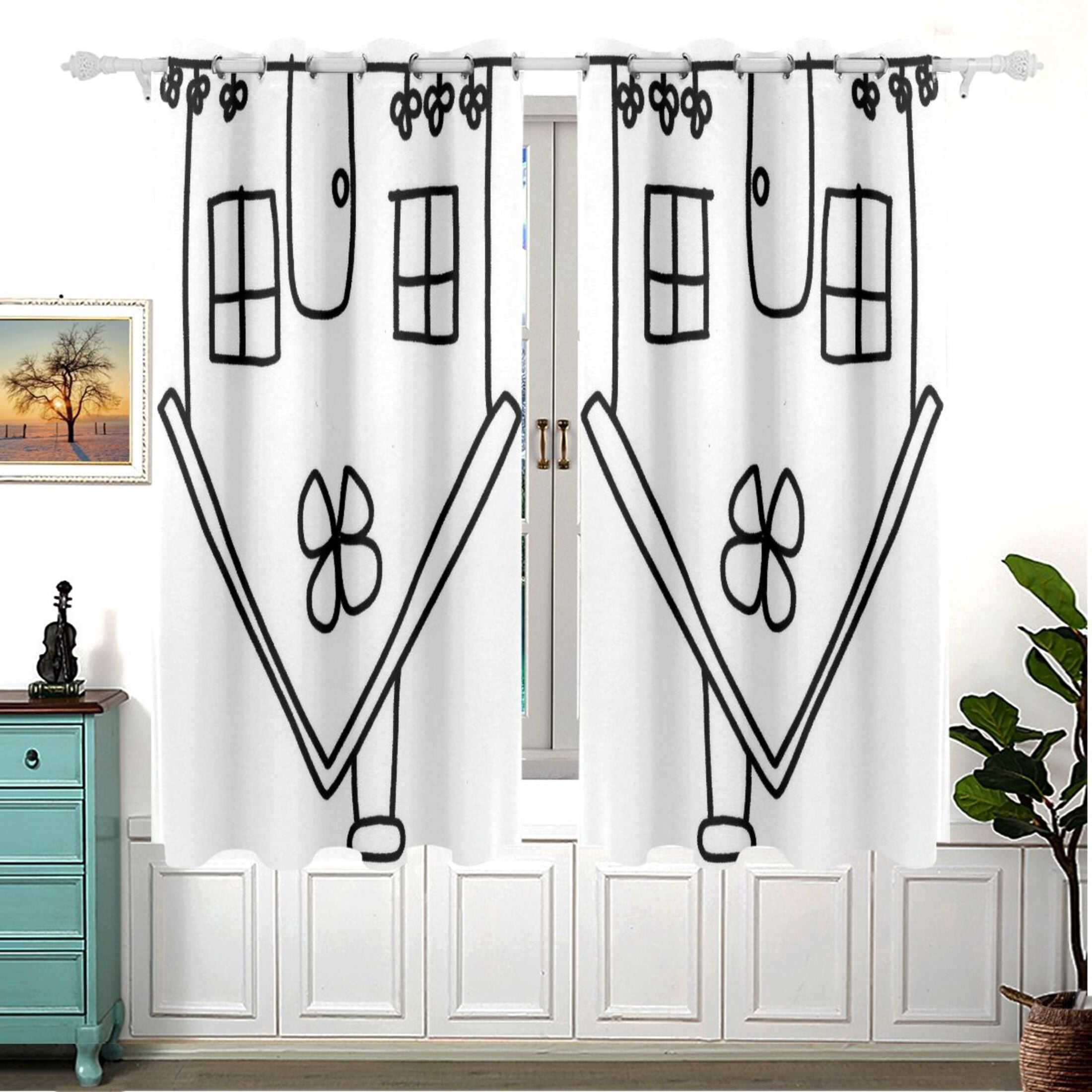 Hand Drawn House 63x55in Window Curtain Panels 63x55in 2-Piece Heavy ...