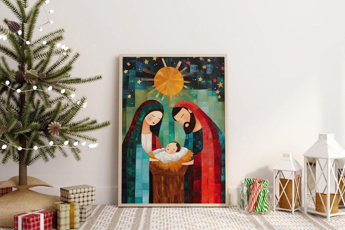 Hand Drawn Jesus Religious Winter Wall Art, Stretched Canvas Size 12x18 ...