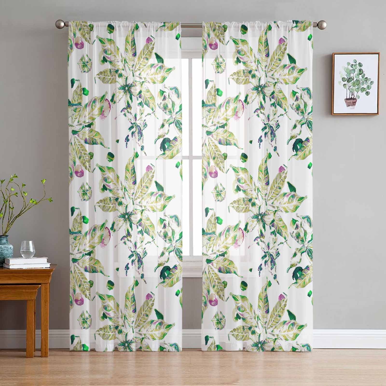 Hand Drawn Leaves Plants Sheer Tulle Curtains for Living Room Valance ...