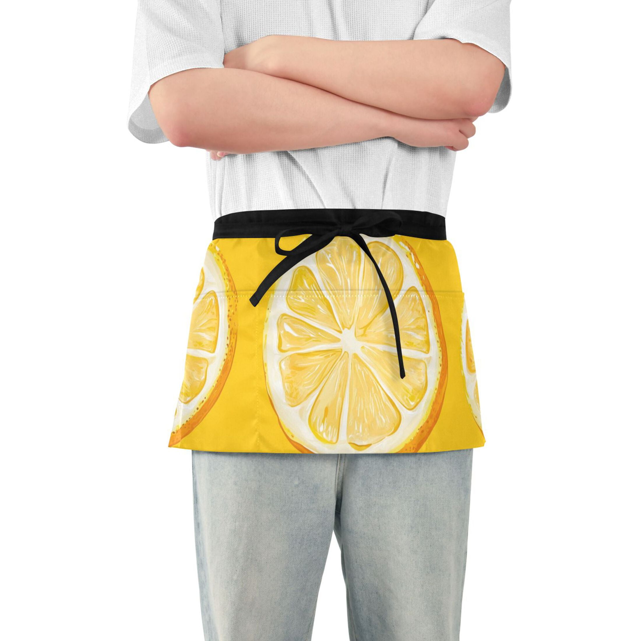 Hand Drawn Lemon Slices Short Server Apron with 3 Pockets for Unisex ...