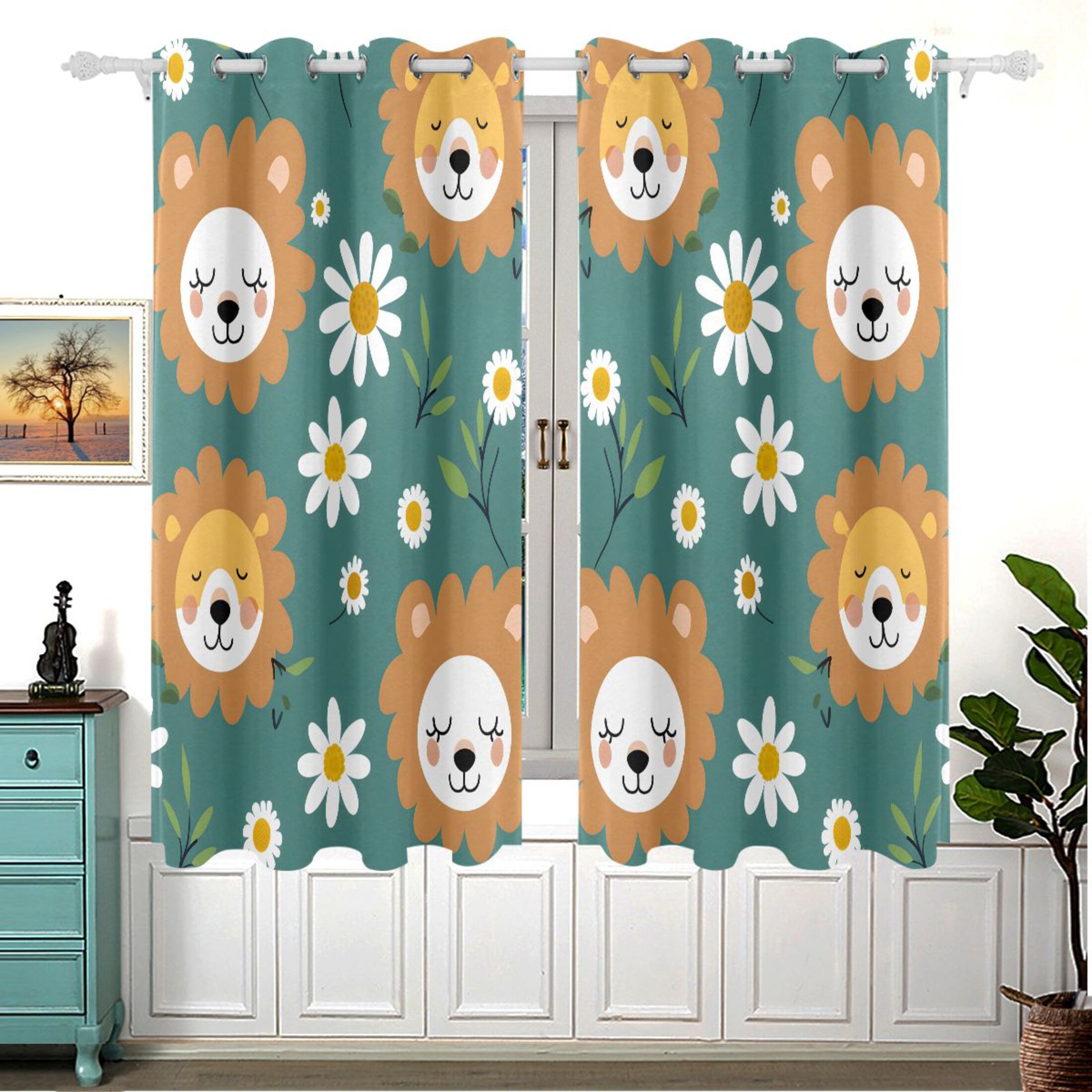 Hand Drawn Lion Face and Daisy Blackout Curtains 2 Panels Set Grommet ...