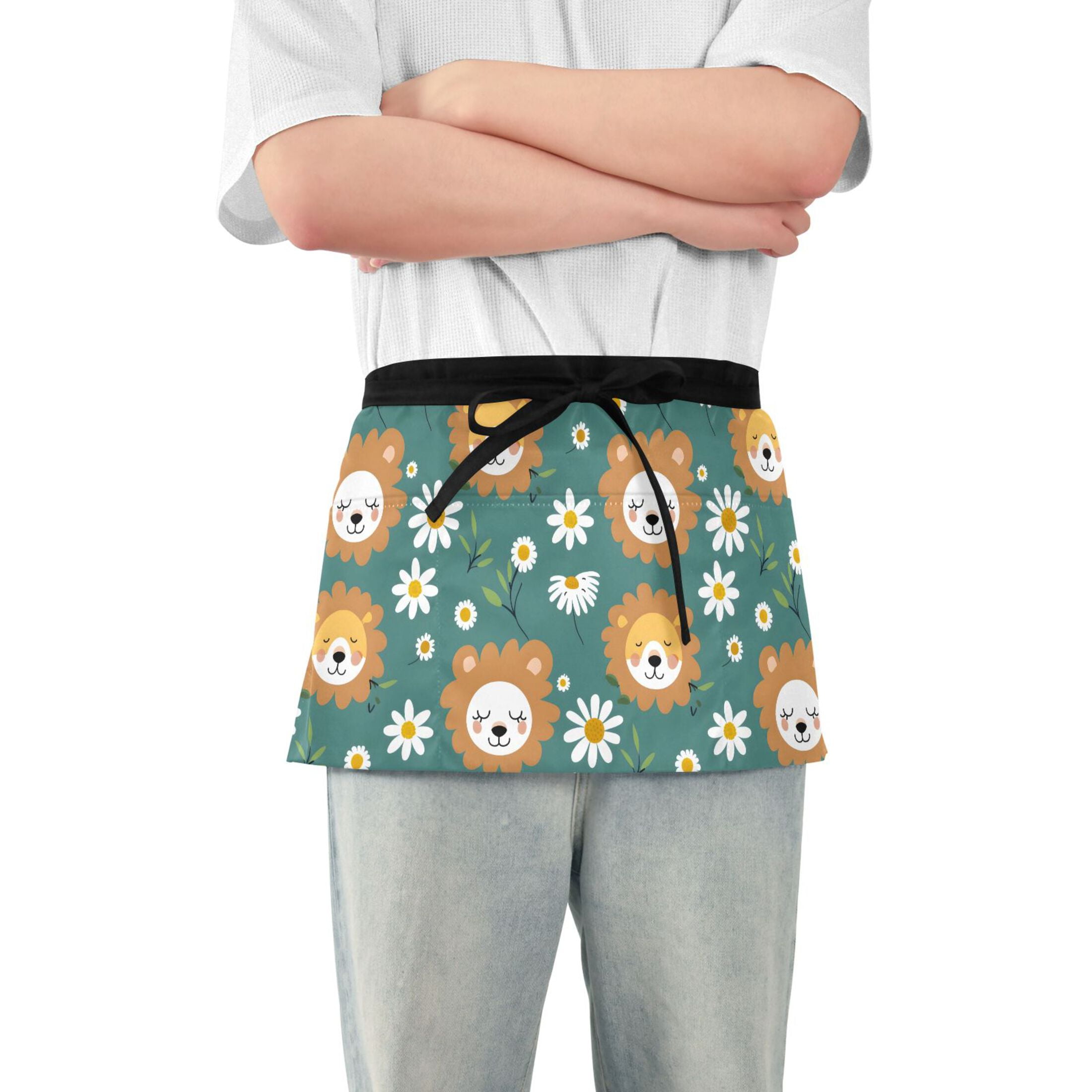 Hand Drawn Lion Face and Daisy Server Apron with 3 Pockets Waterproof ...