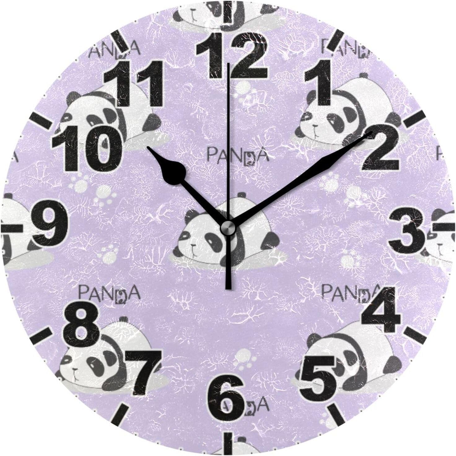 Hand-Drawn Pandas Pattern Round Wall Clock, Battery Operated Silent Non ...