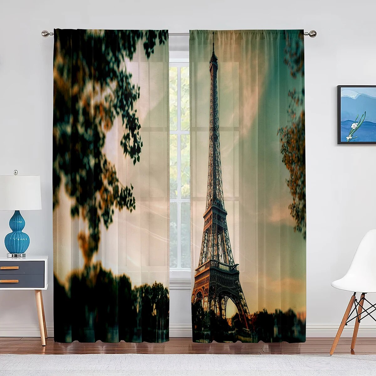 Hand Drawn Paris Eiffel Tower Chiffon Tulle Curtains for Living Room ...