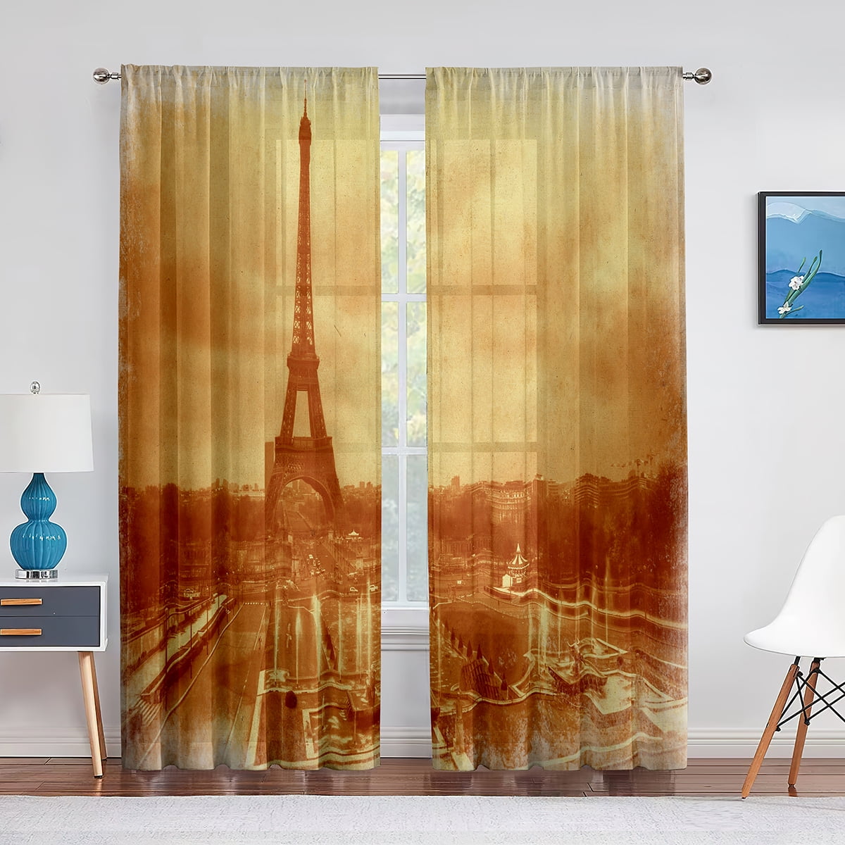 Hand Drawn Paris Eiffel Tower Chiffon Tulle Curtains for Living Room ...