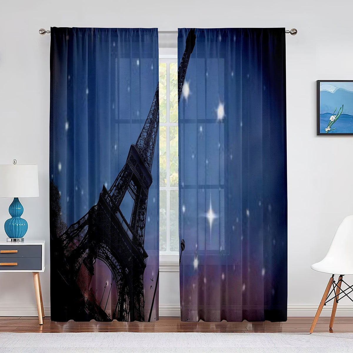 Hand Drawn Paris Eiffel Tower Chiffon Tulle Curtains for Living Room ...