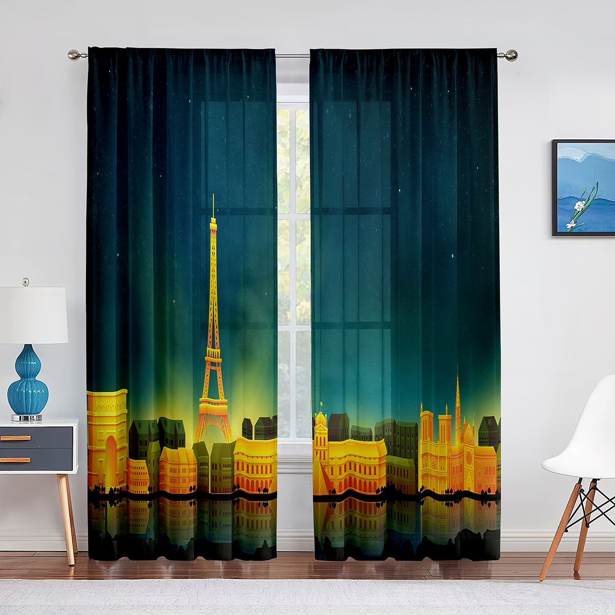 Hand Drawn Paris Eiffel Tower Chiffon Tulle Curtains for Living Room ...