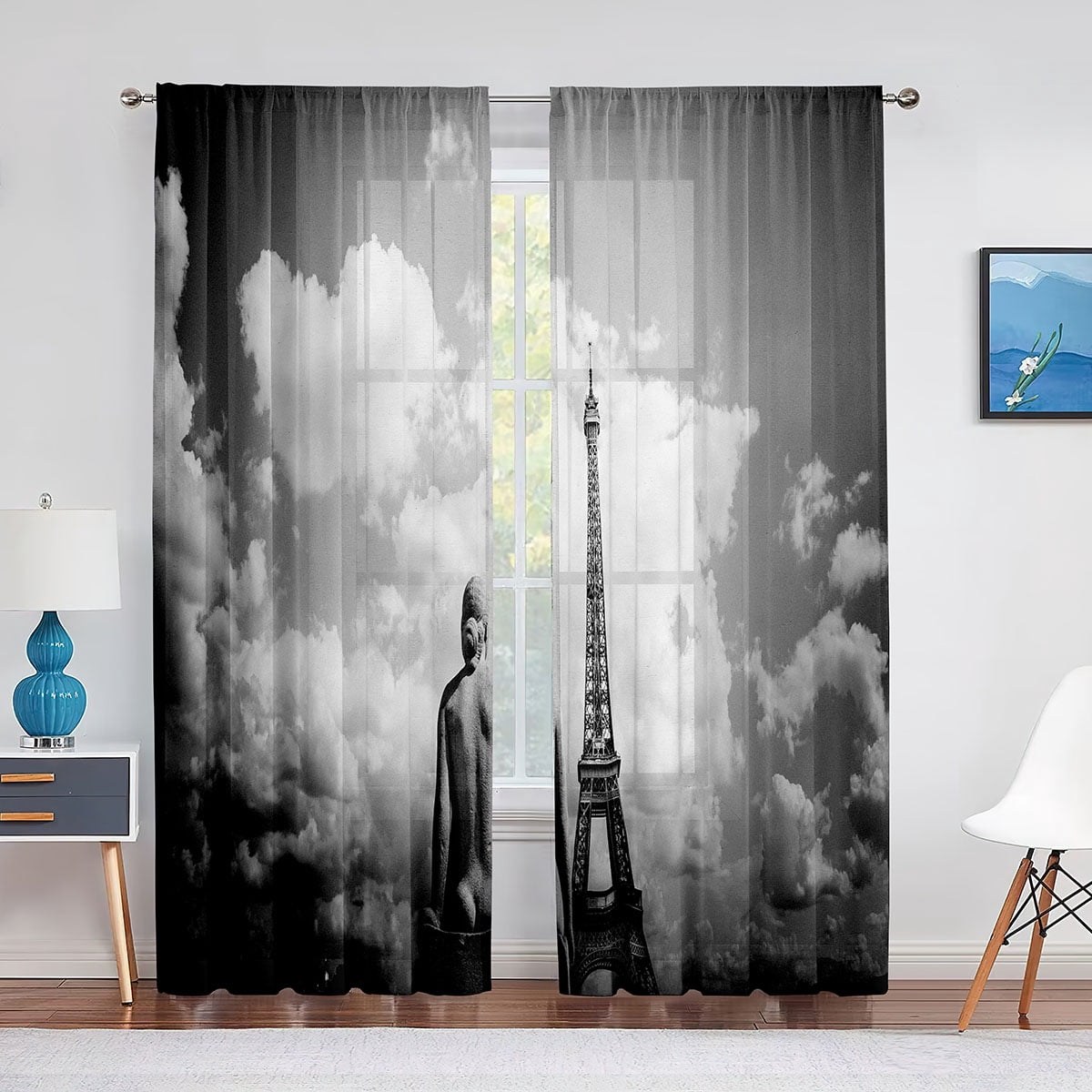 Hand Drawn Paris Eiffel Tower Chiffon Tulle Curtains for Living Room ...