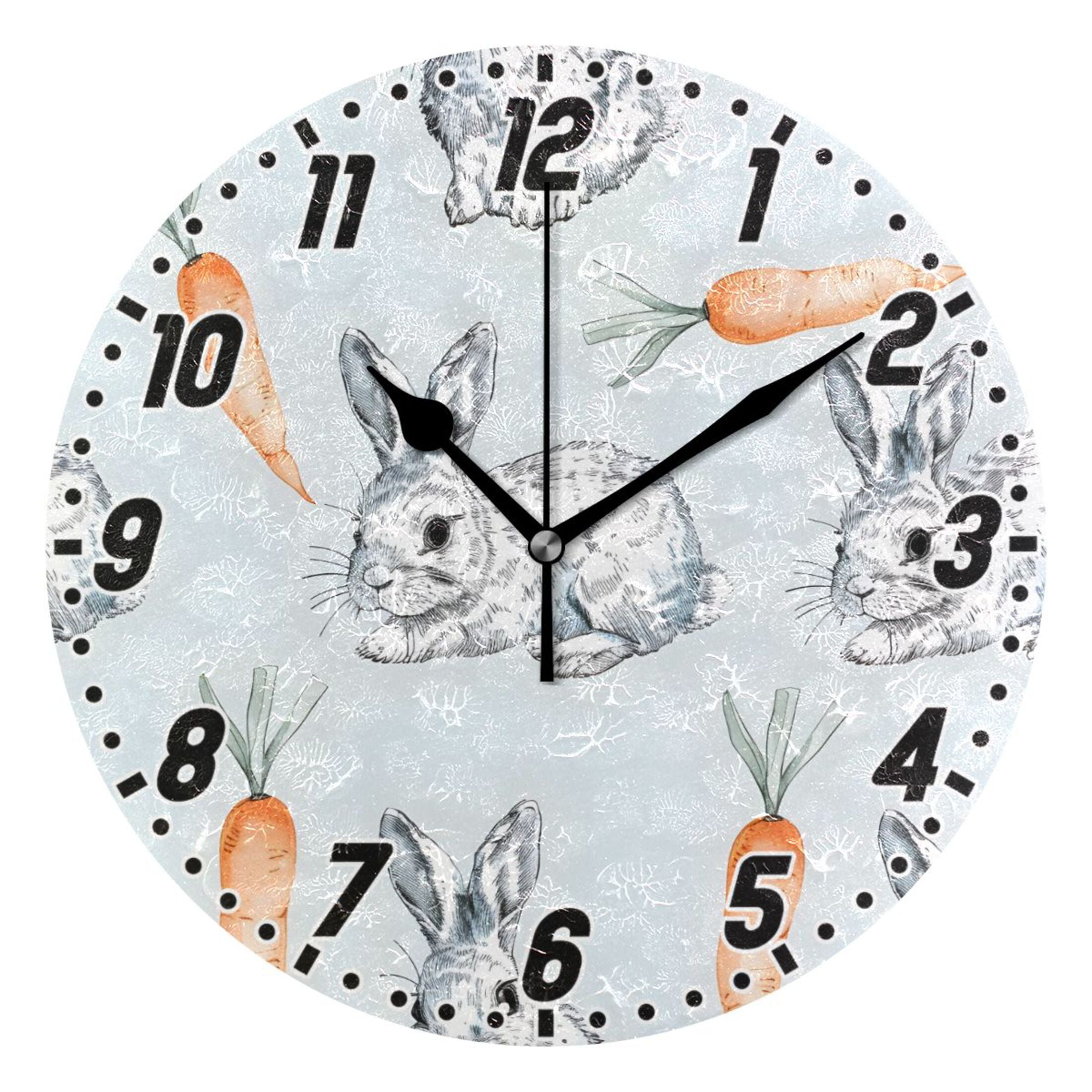 Hand Drawn Rabbit and Carrot Round Wall Clock Battery Operated Silent ...