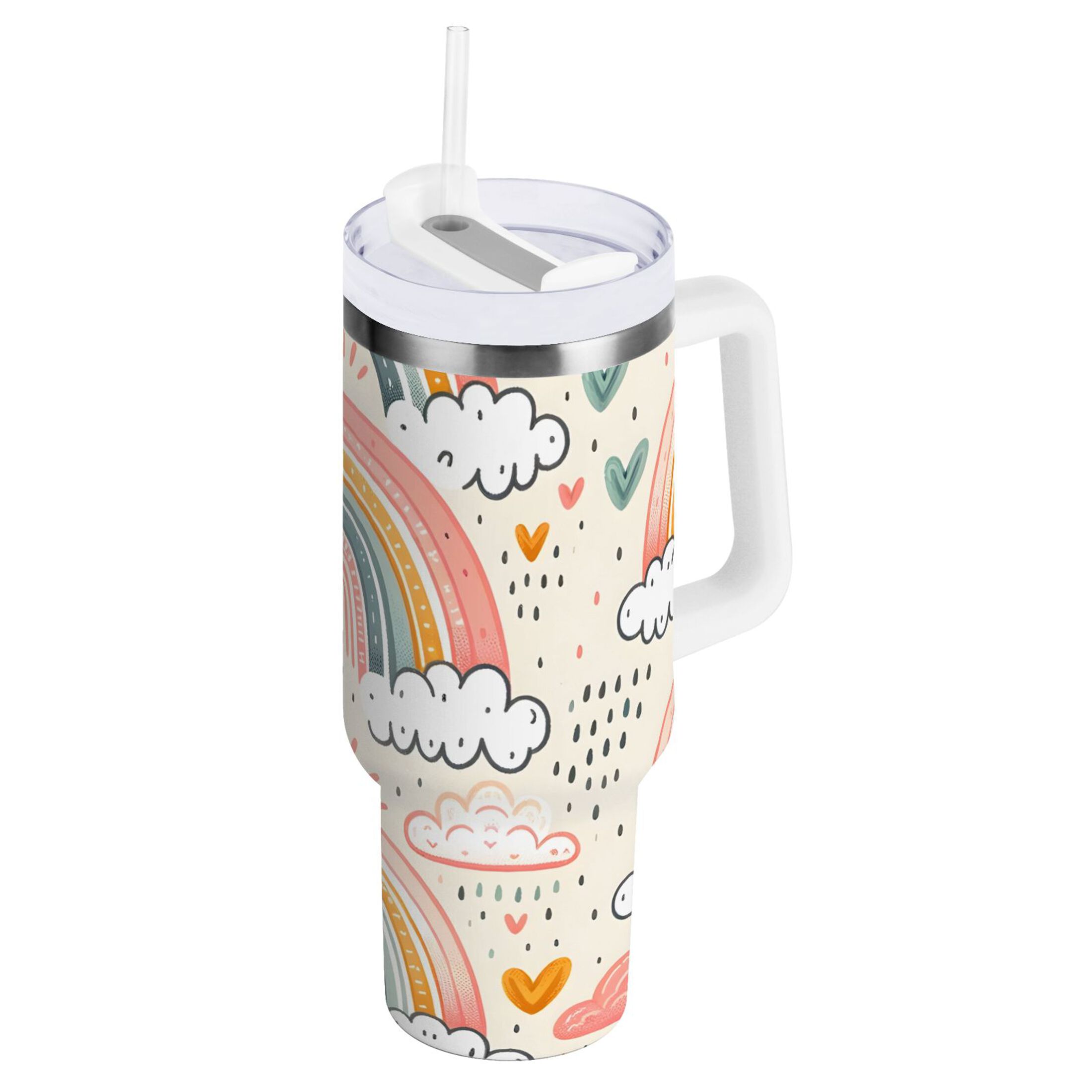 Hand Drawn Rainbow Rain Cloud 30 oz Tumbler with Handle and Straw Lid ...