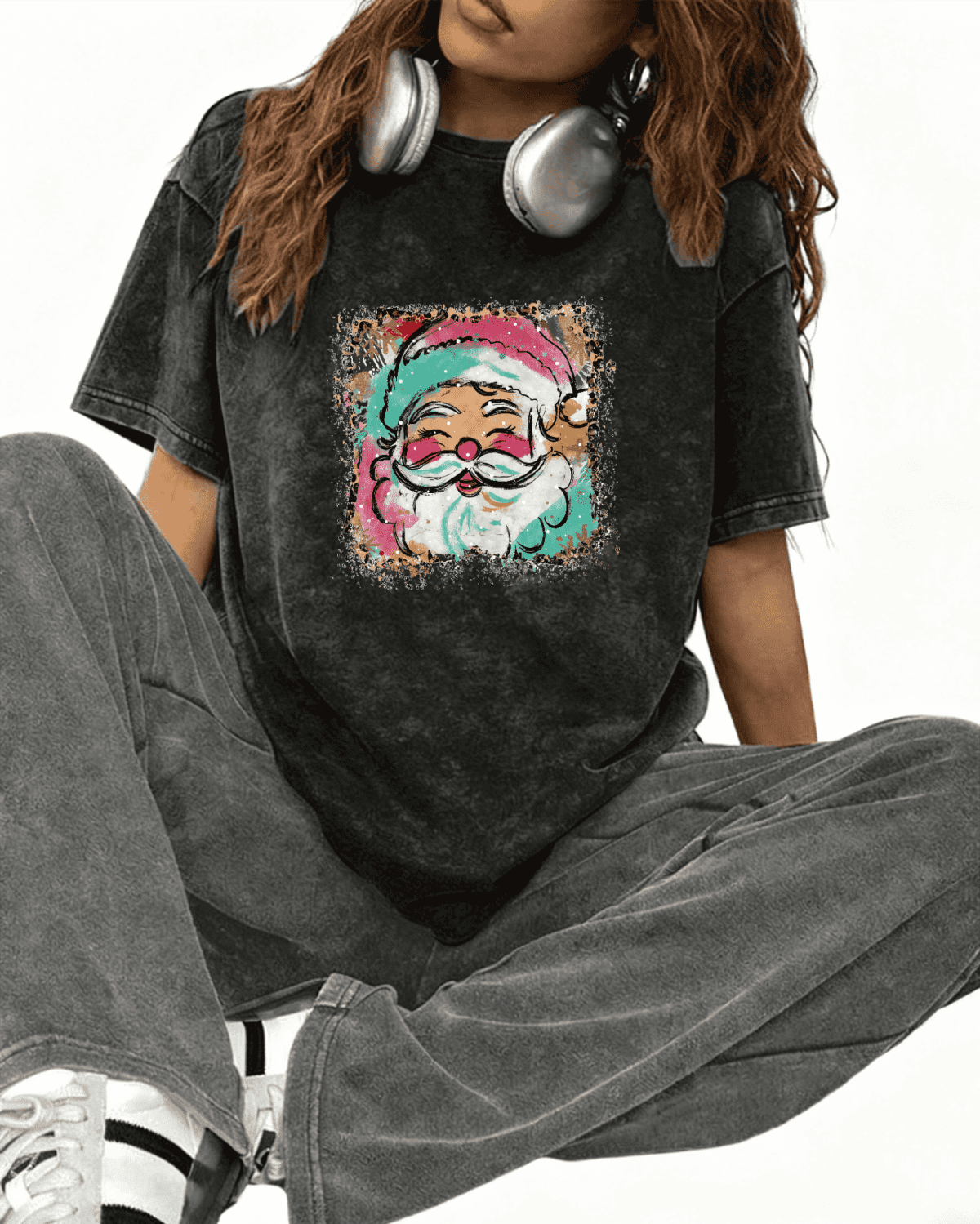 Hand Drawn Santa Print Tshirt Black Graphic Tees Shirts S-2XL Retro ...