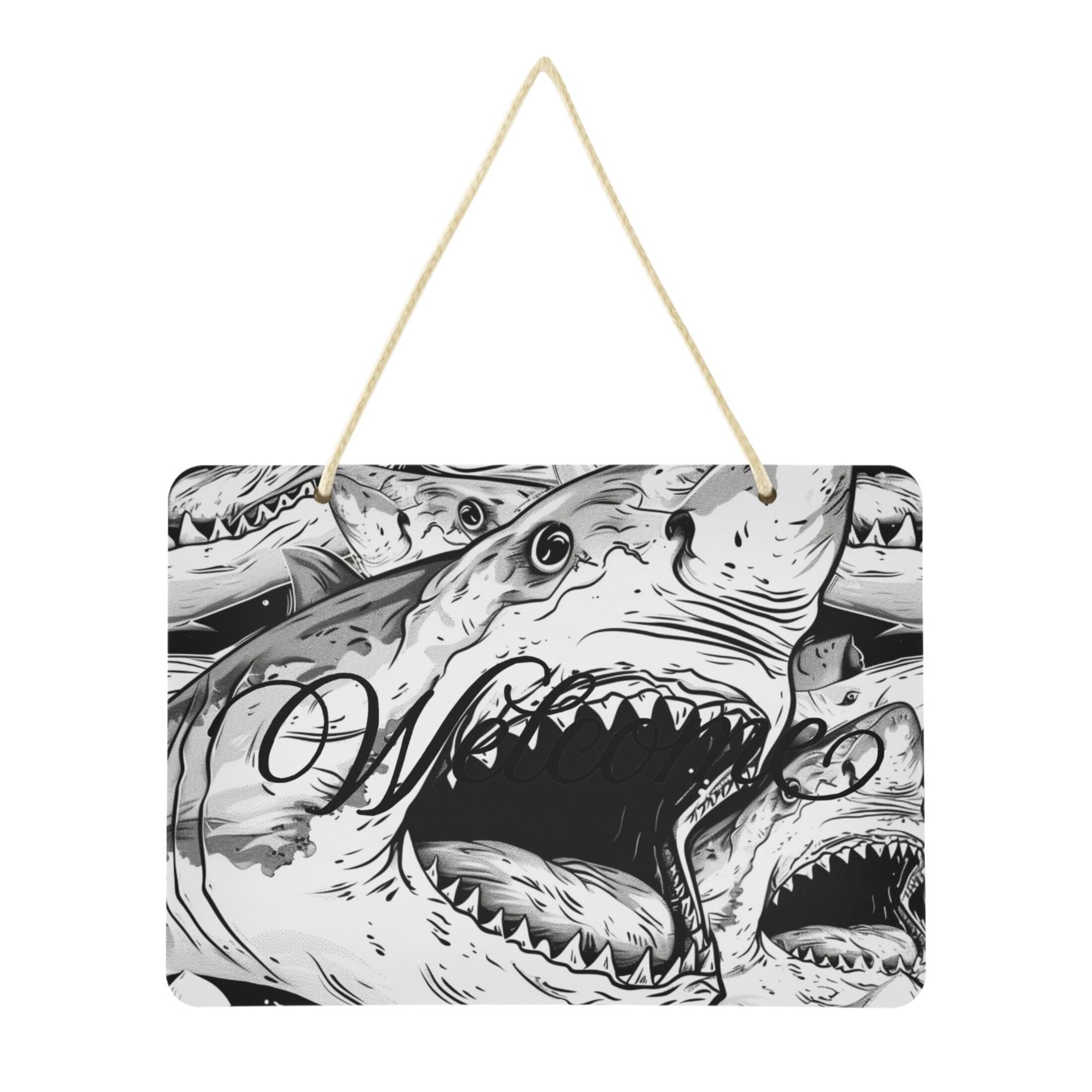 Hand Drawn Shark Welcome Sign Front Door PVC 14x10 inch Hanger Hello ...