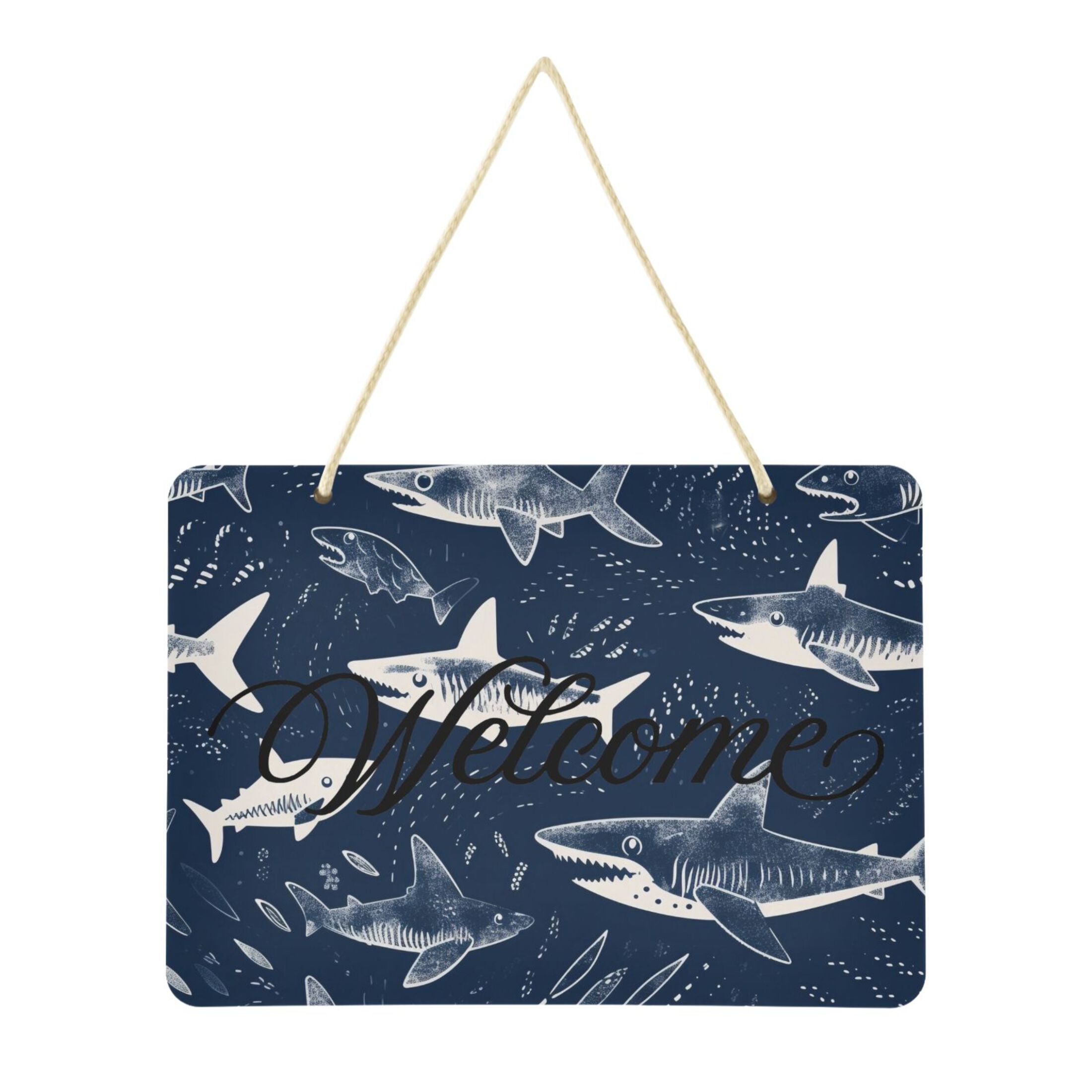 Hand Drawn Sharks Welcome Sign Front Door PVC 14x10 inch Hanger Hello ...