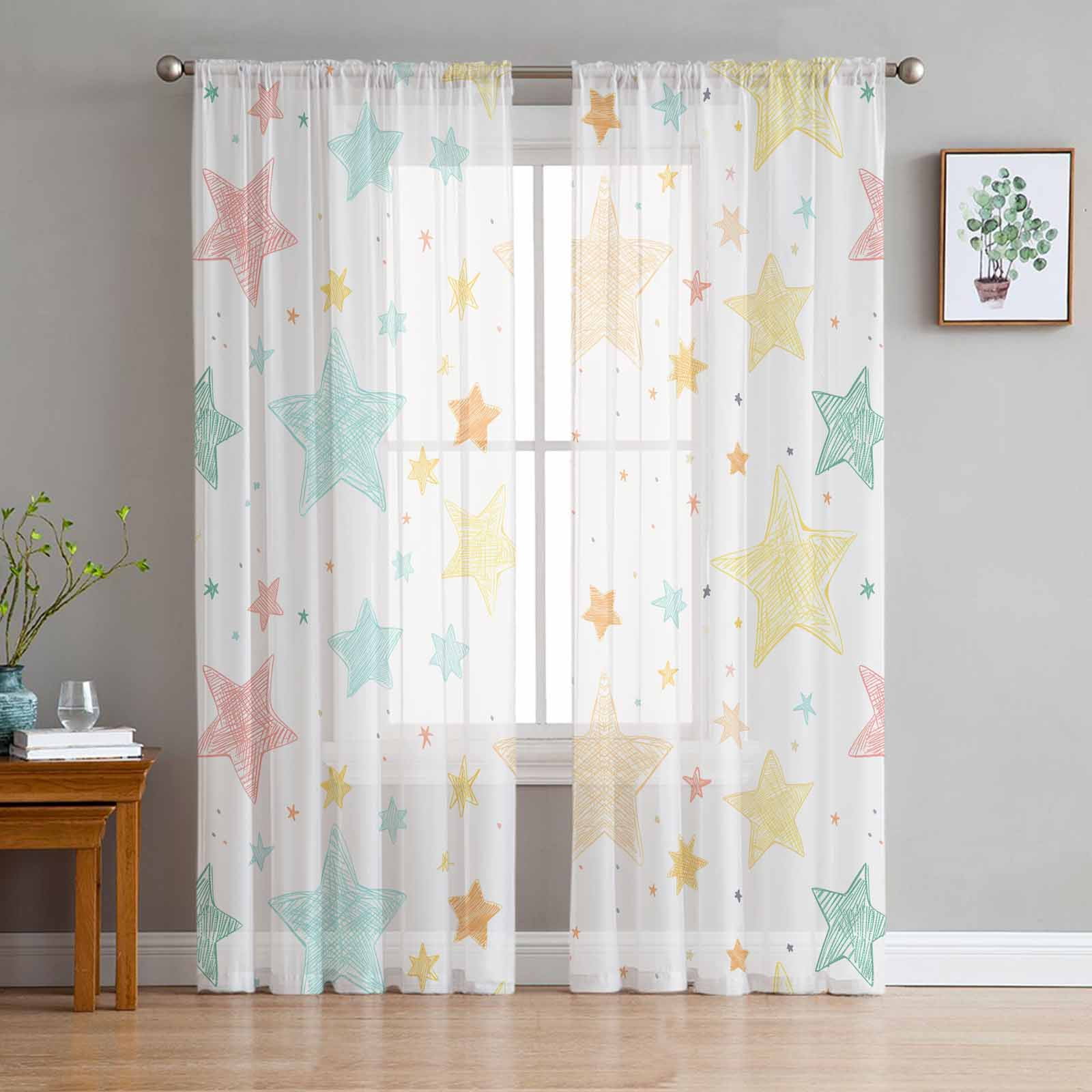 Hand Drawn Star Dots And Lines Triangle Tulle Sheer Curtains For Living ...