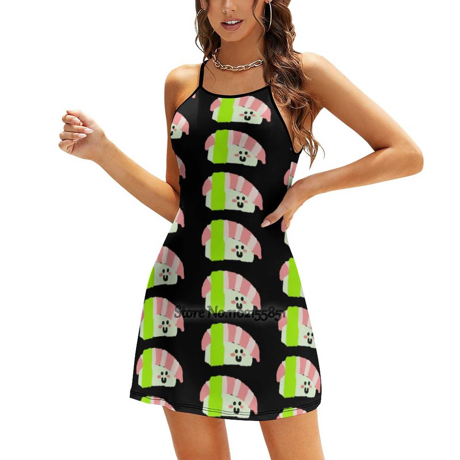 Hand Drawn Sushi Picture Back Lacing Backless Dress Square Neck Dress ...