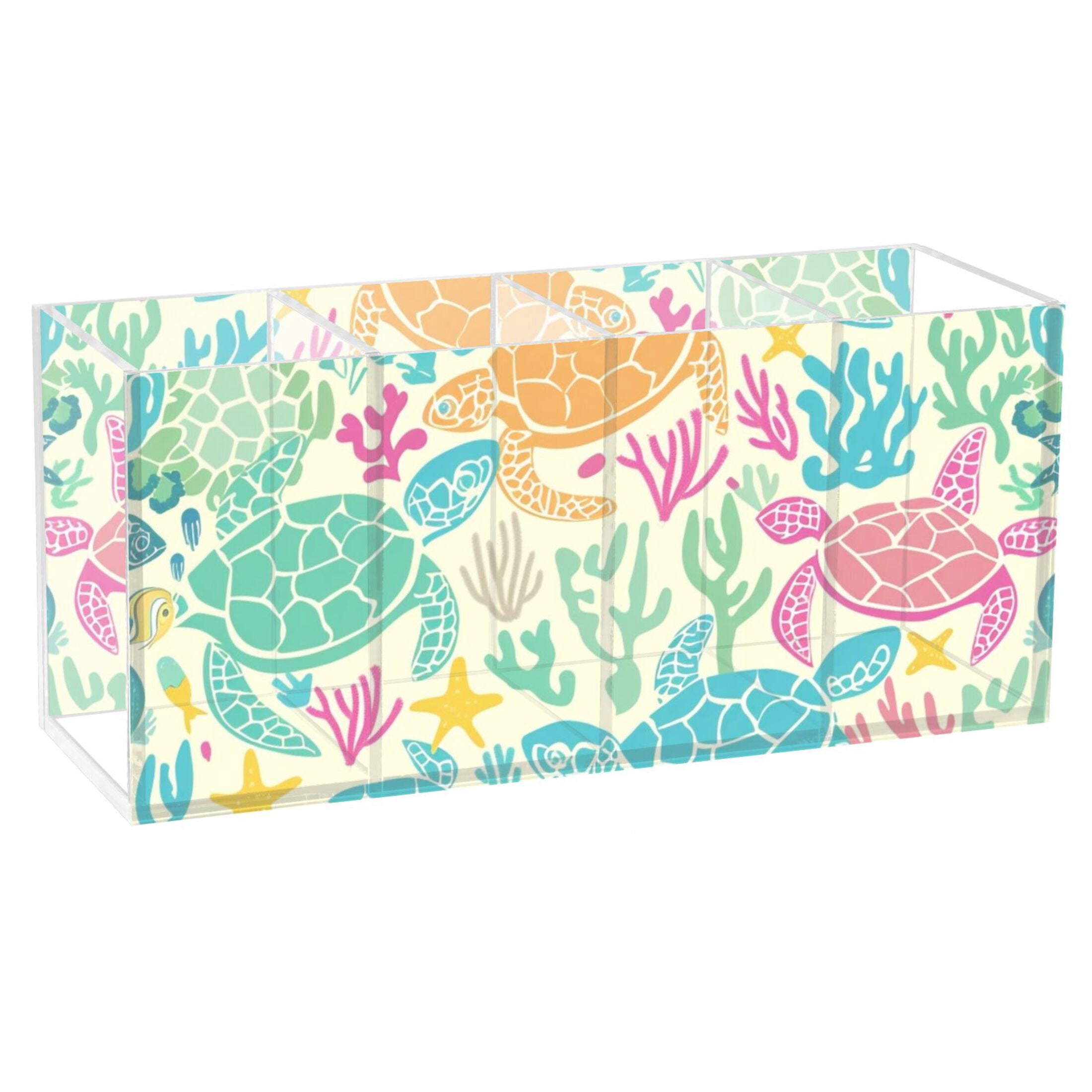 Hand Drawn Turtles Acrylic Pen Holder 4 Compartments Clear Pencil ...