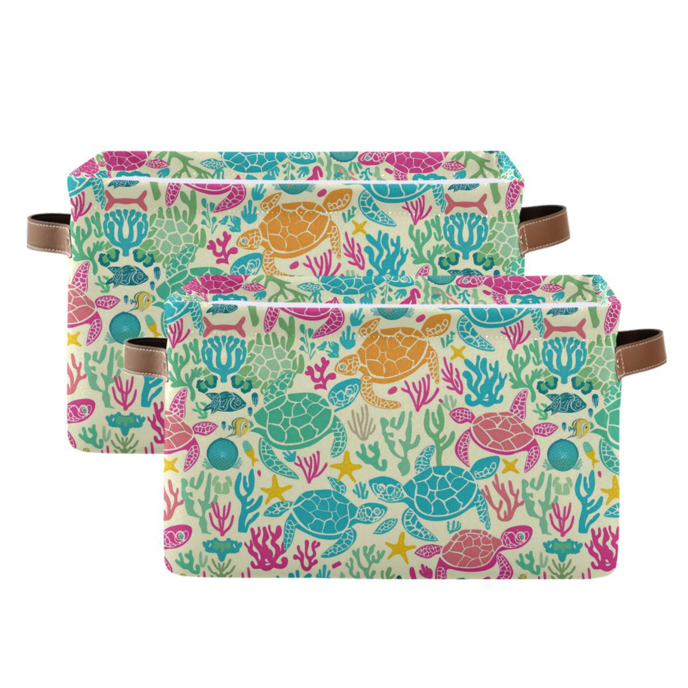 Hand Drawn Turtles Storage Bins with Handle Fabric Organizer Basket ...