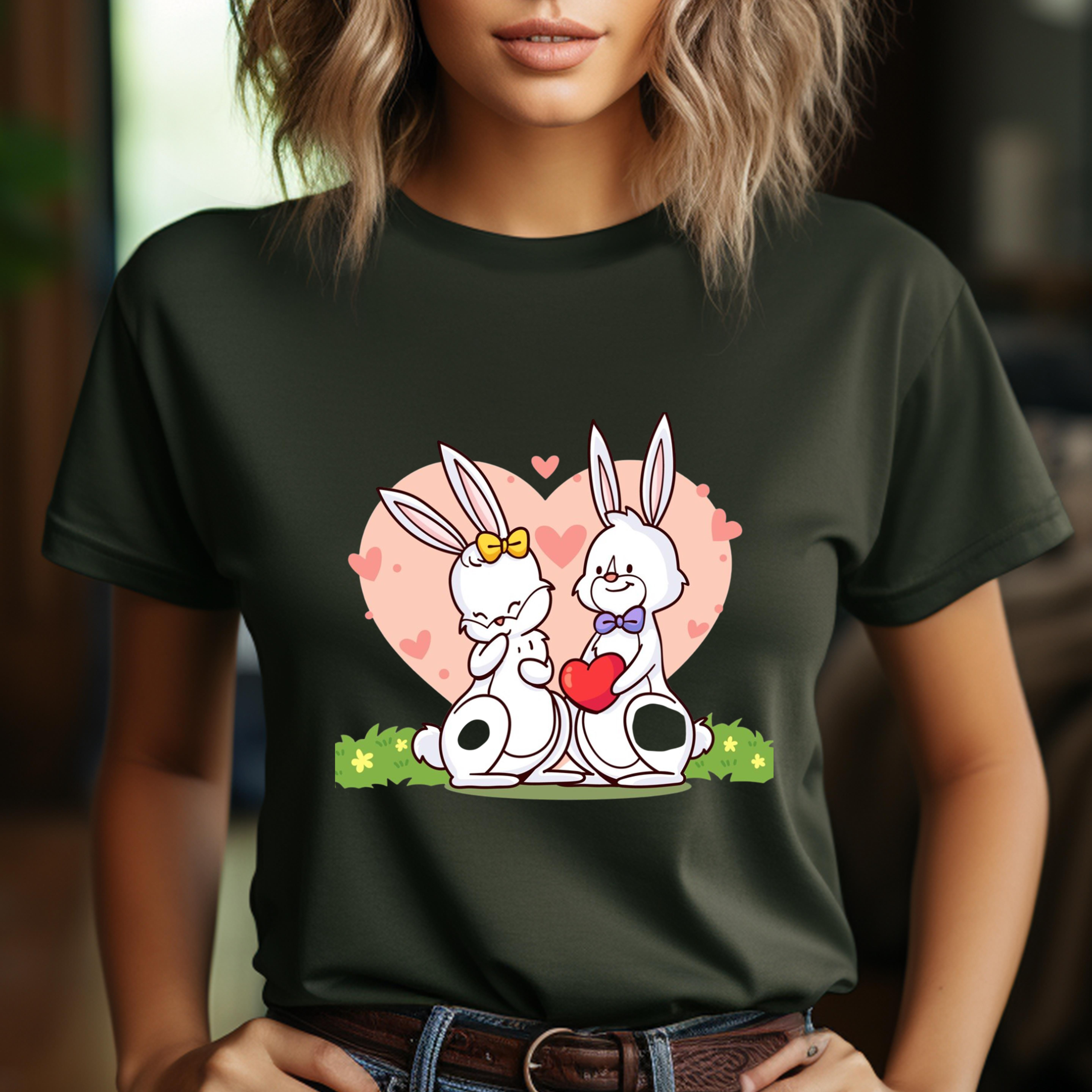 Hand-Drawn Valentine's Day Rabbits Couple T-Shirt Featuring Adorable ...