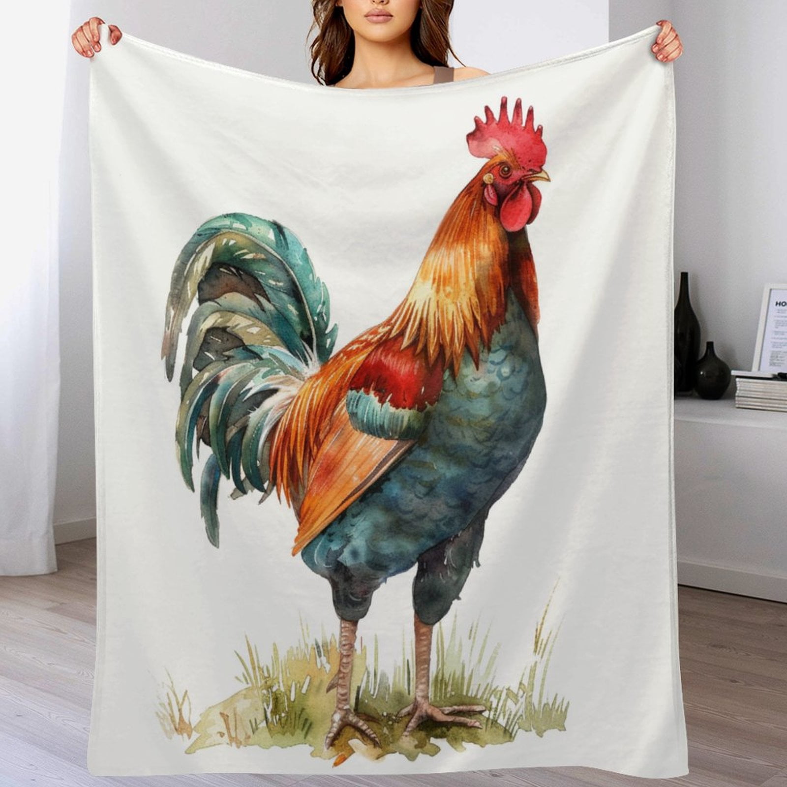 Hand Drawn Watercolor Farm Hen Rooster Print Flannel Throw Blanket 50 ...