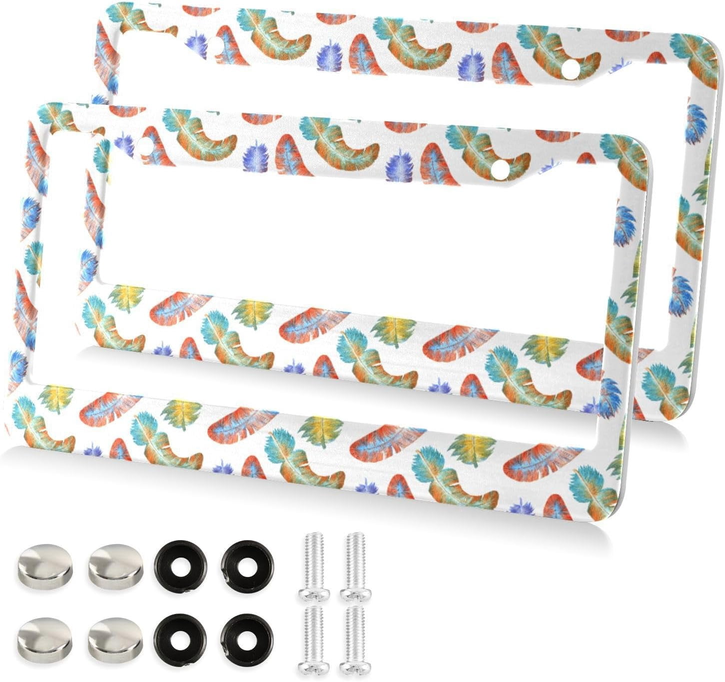 Hand Drawn Watercolor Feathers License Plate Frame - 2 Pack Universal ...