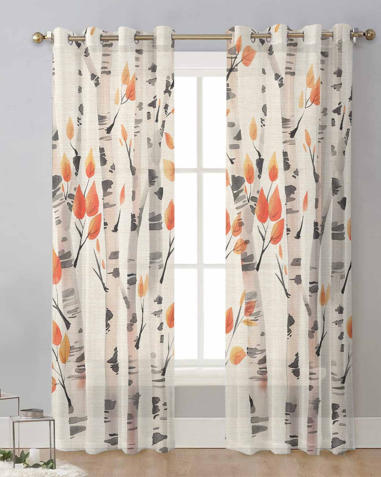 Hand Drawn Watercolor Lines On Tree Leaves Voile Curtain Window ...