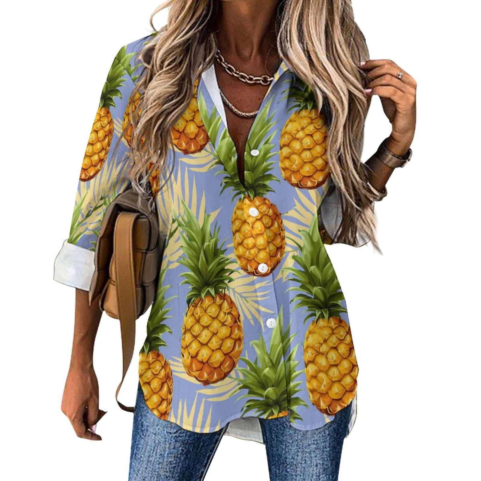 Hand Drawn Watercolor Pineapple Women's Button Down Long Sleeve Shirts ...