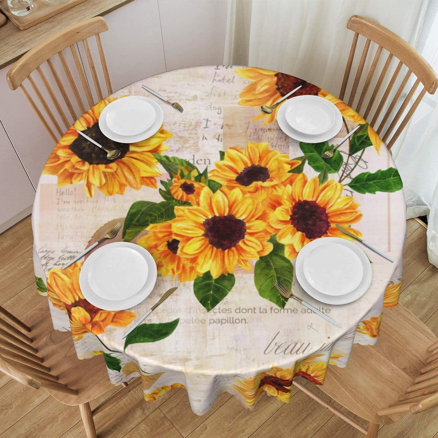 Hand Drawn Watercolor Sunflowers Tablecloth 60 Inch Round Table Cover ...