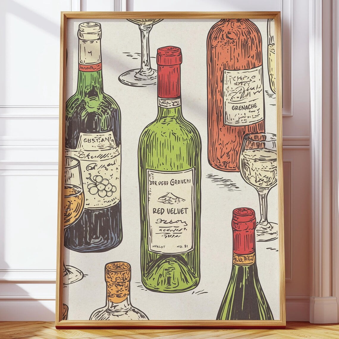 Hand Drawn Wine Bottle Poster Retro Modern Bar Wall Art, Stretched ...