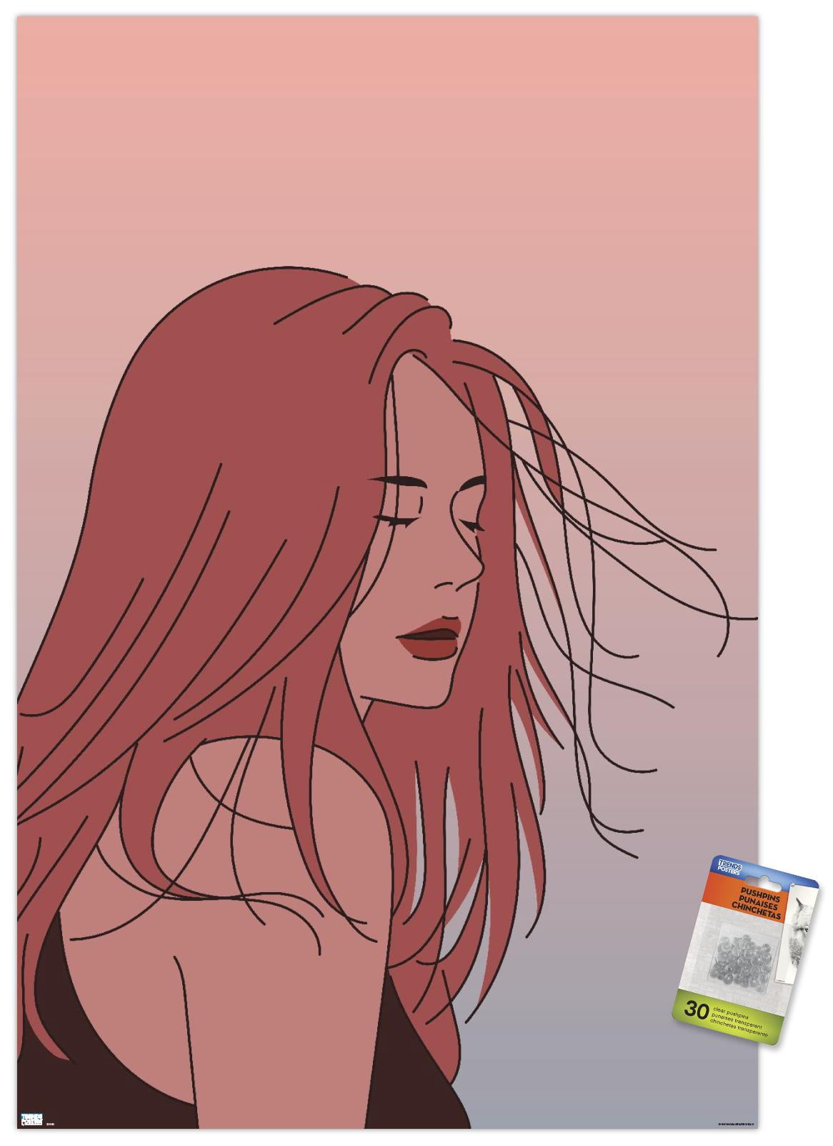 Hand Drawn Woman With Blowing Hair Wall Poster with Push Pins, 22.375 ...