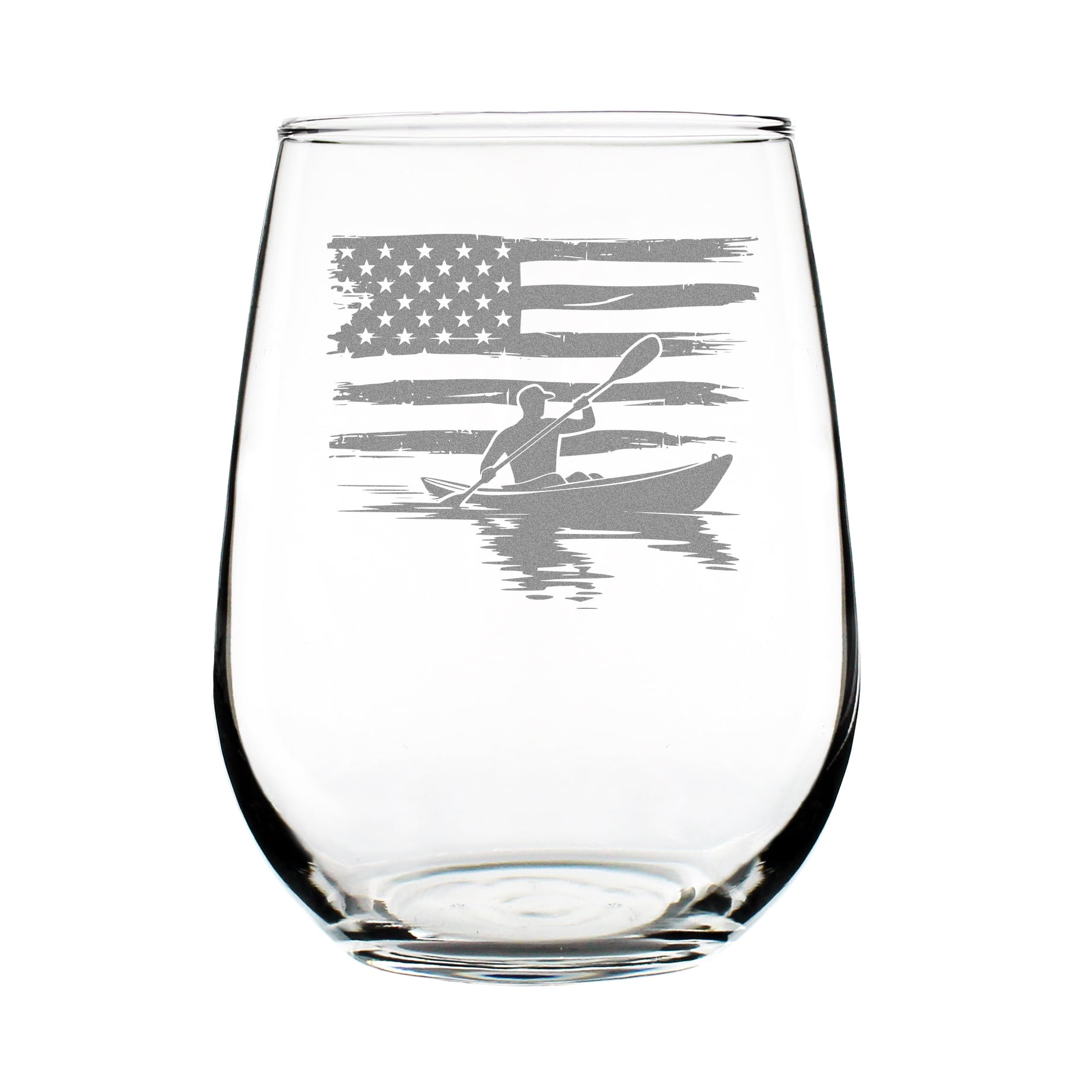 Hand Engraved 17oz Stemless Wine Glass, USA Flag and Kayak Design ...