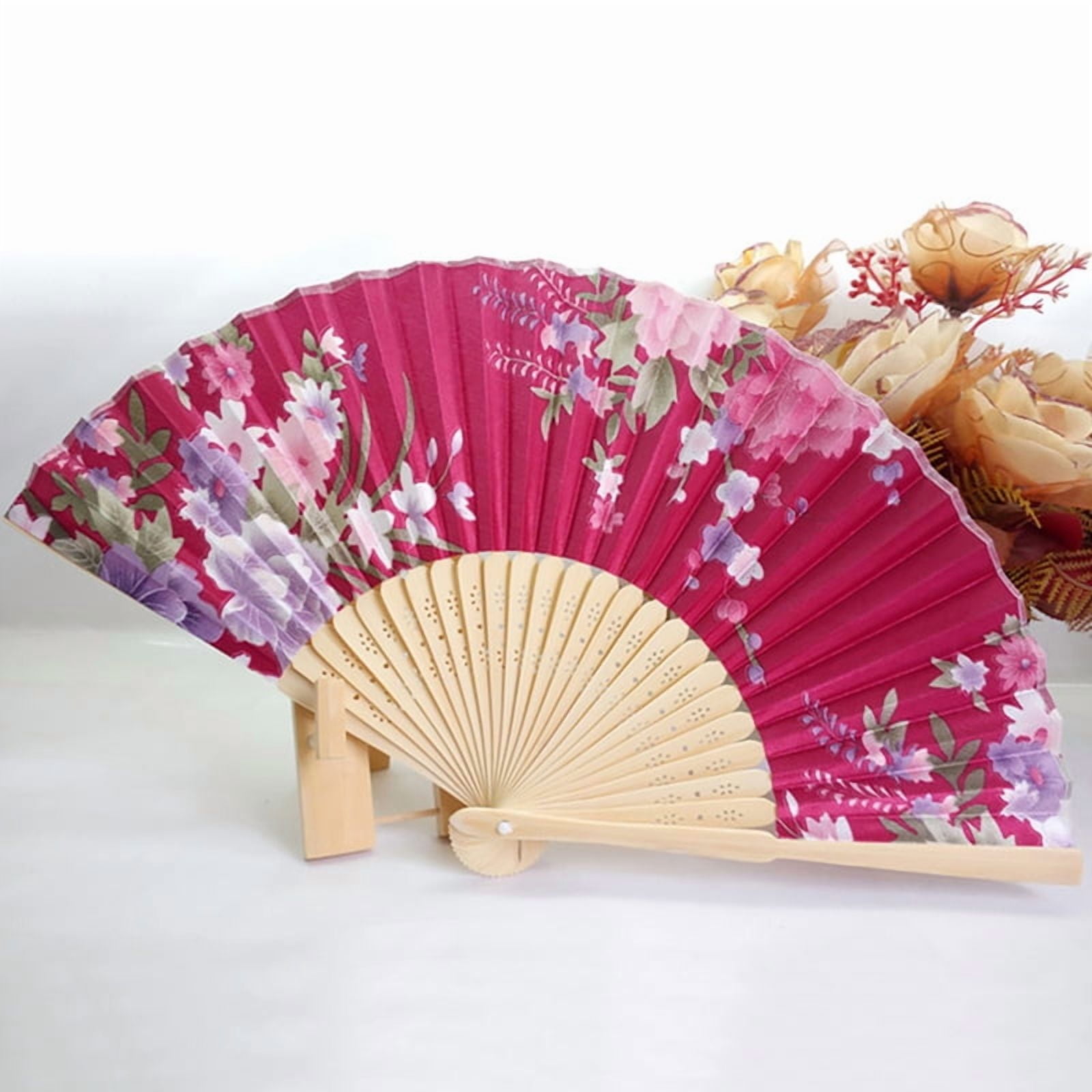 Hand Fold Fan Vintage Style Bamboo Wood Silk Flower Japanese Chinese ...