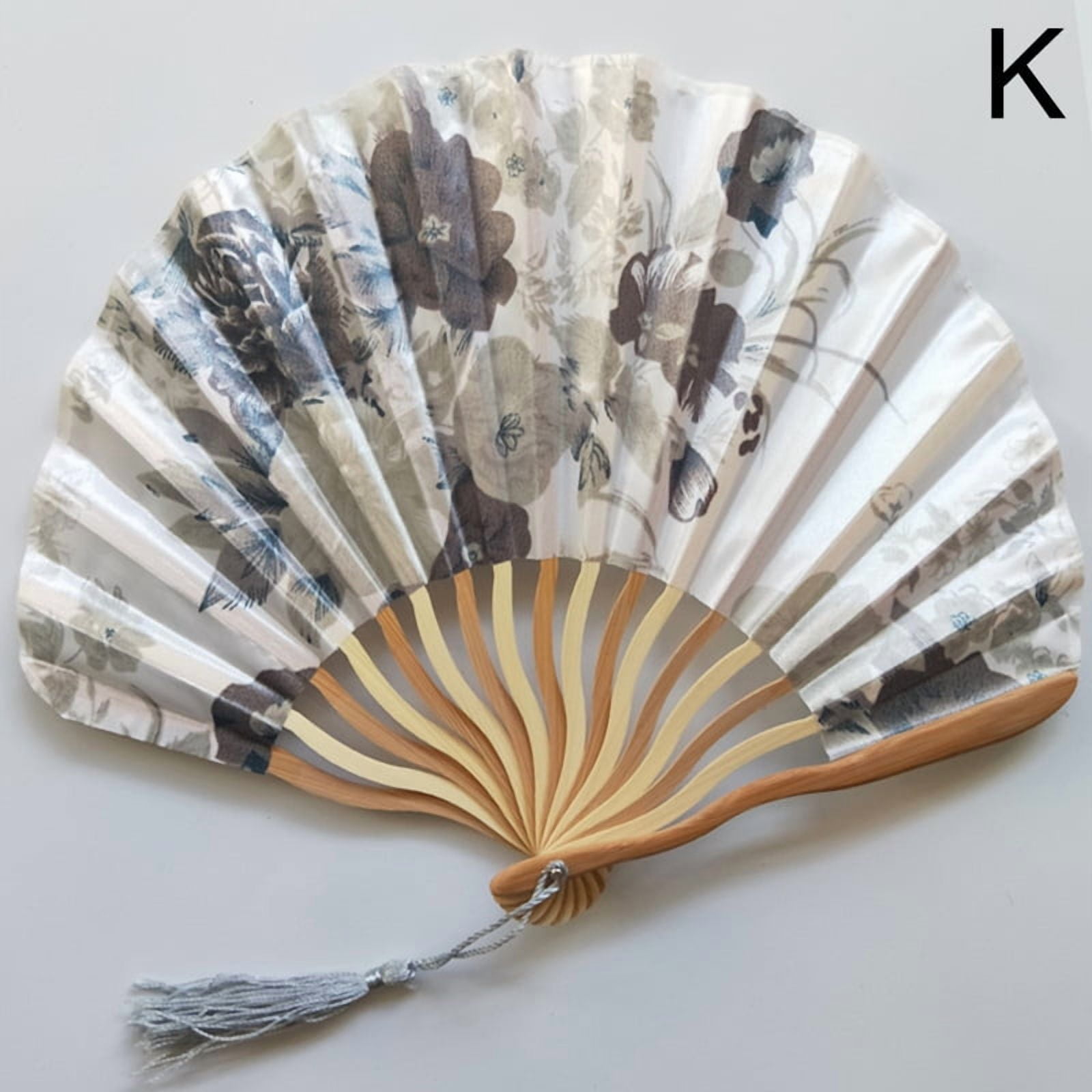 Hand Fold Fan Vintage Style Bamboo Wood Silk Flower Japanese Chinese ...