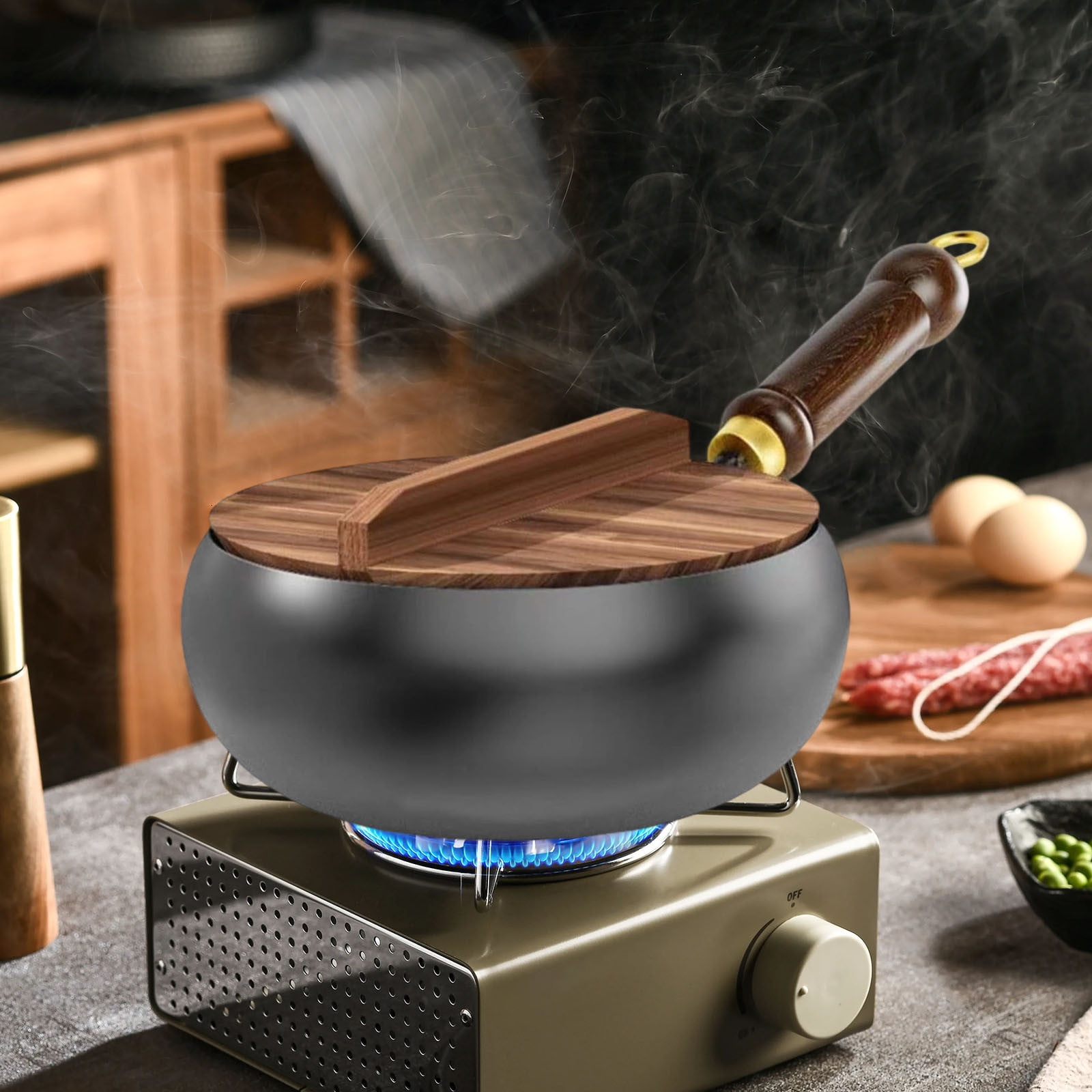 Hand-Forged Iron Pot, Uncoated Big Belly Frying Pan, Wooden Lid ...